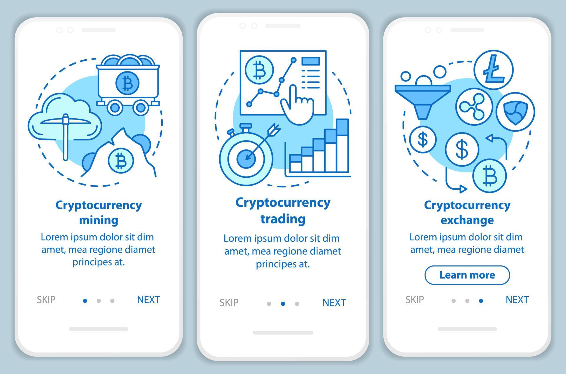 Cryptocurrency Onboarding Mobile App Page Screen With Linear Concepts Crypto Currency Mining