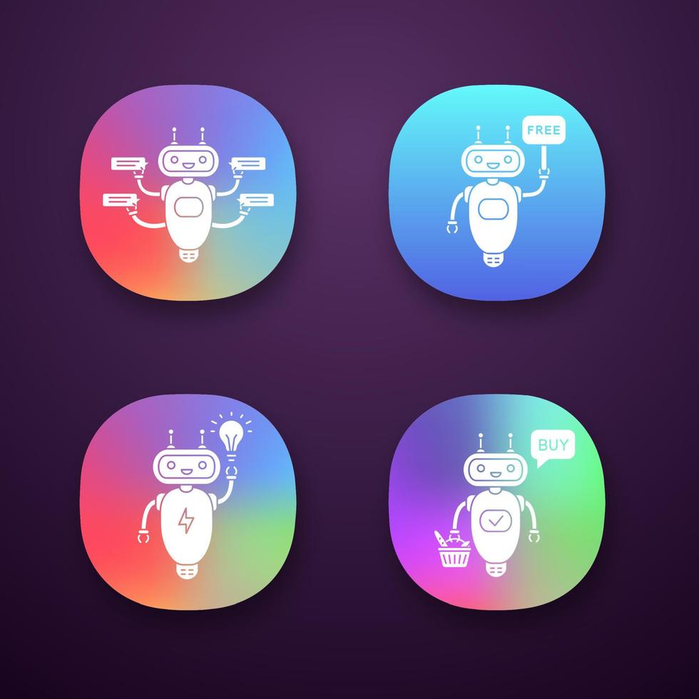 Chatbots app icons set. UI UX user interface. Talkbots. Virtual assistants. Support service ...