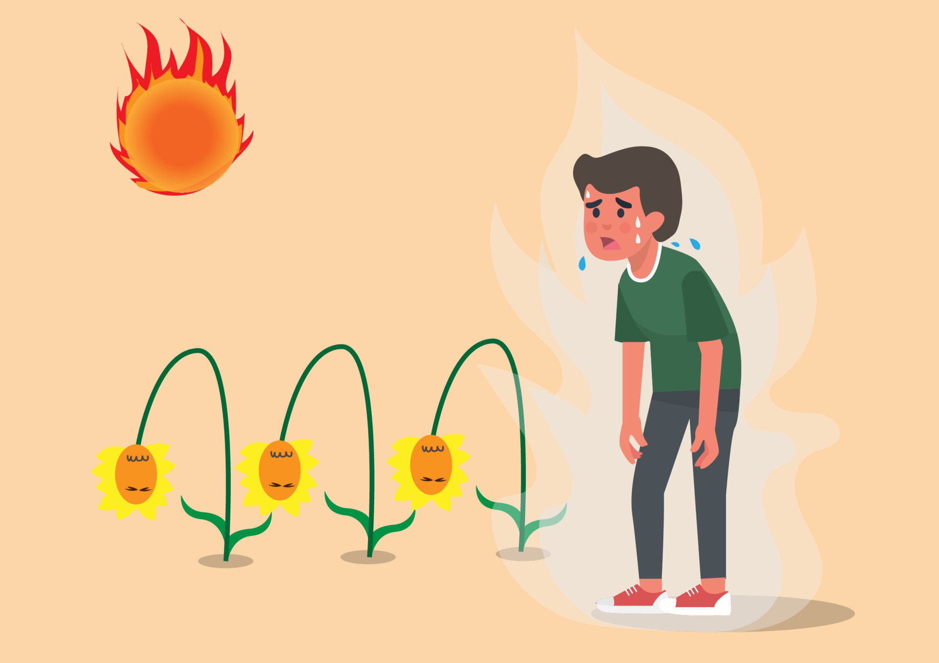 Vector Illustration Of A Man Sunburn On A Summer Day He Was Exhausted