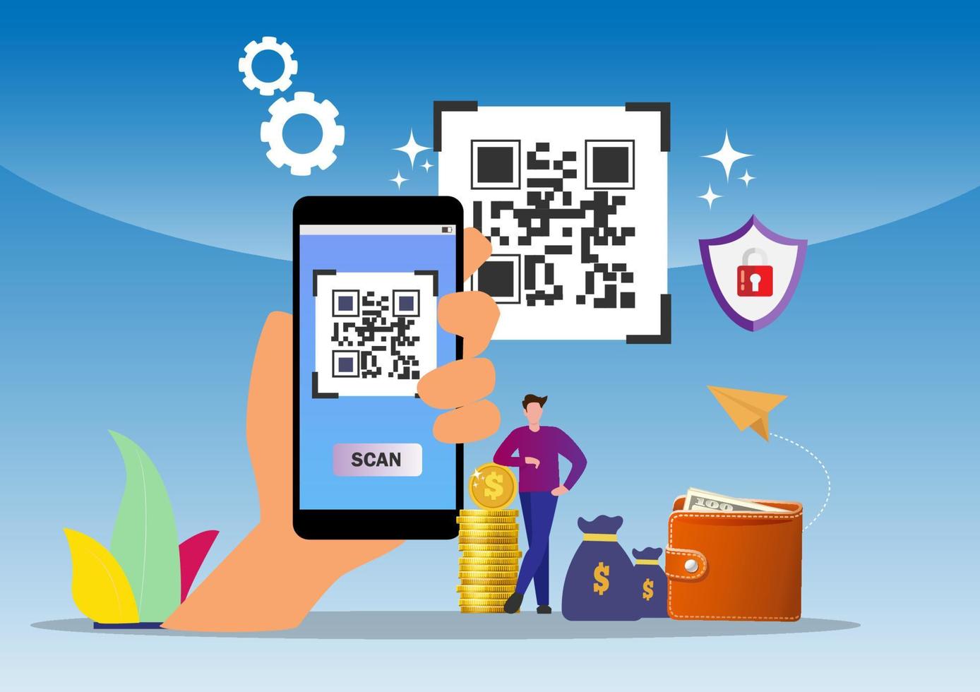 QR Code scanning concept with people scan code using smartphone. Flat ...