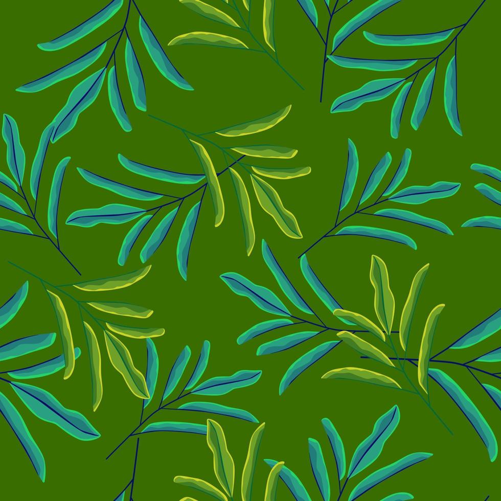 Blue and green random simple leaf branches ornament seamless pattern. Hand drawn botanic ...
