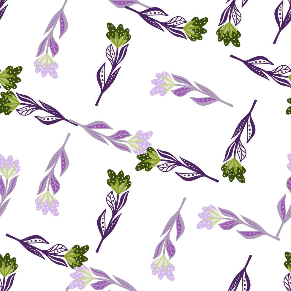 Isolated botanic seamless pattern with purple and green random flowers elements. White ...