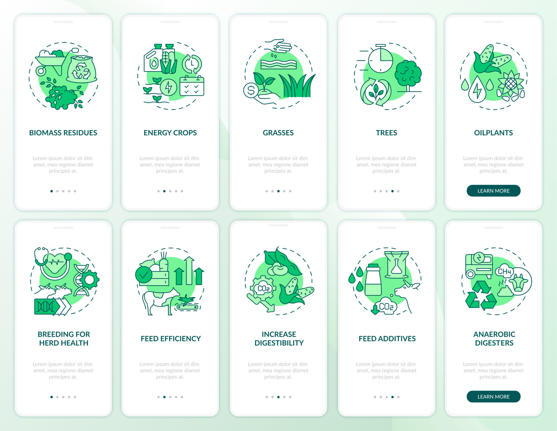 Modern Agribusiness Green Onboarding Mobile App Screen Set Walkthrough 5 Steps Graphic