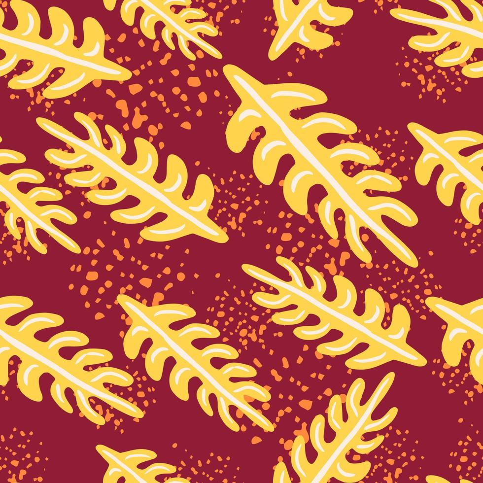 Random abstract botanic seamless pattern with light yellow leaf branches print. Dark pink ...