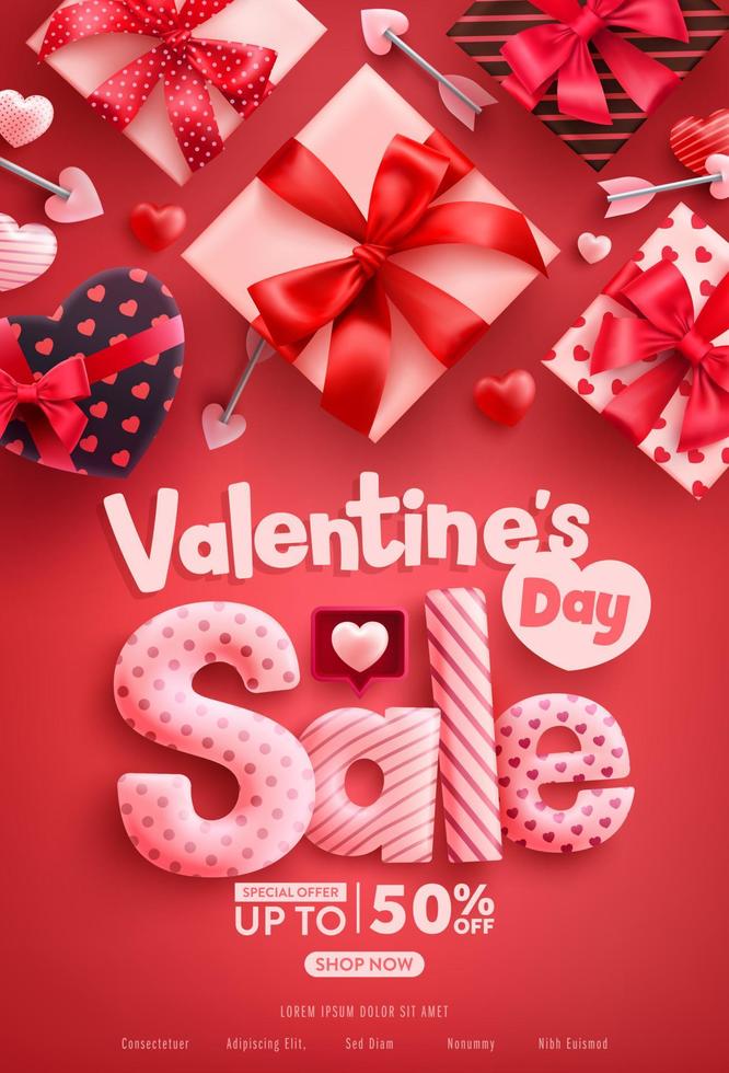 Valentine's Day Poster with cute heart and gift box on red background ...