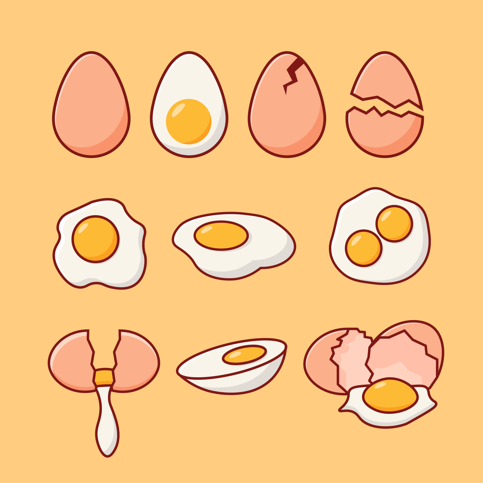 Cartoon eggs isolated on a brown background. Set of fried eggs, boiled, half, sliced. Vector ...