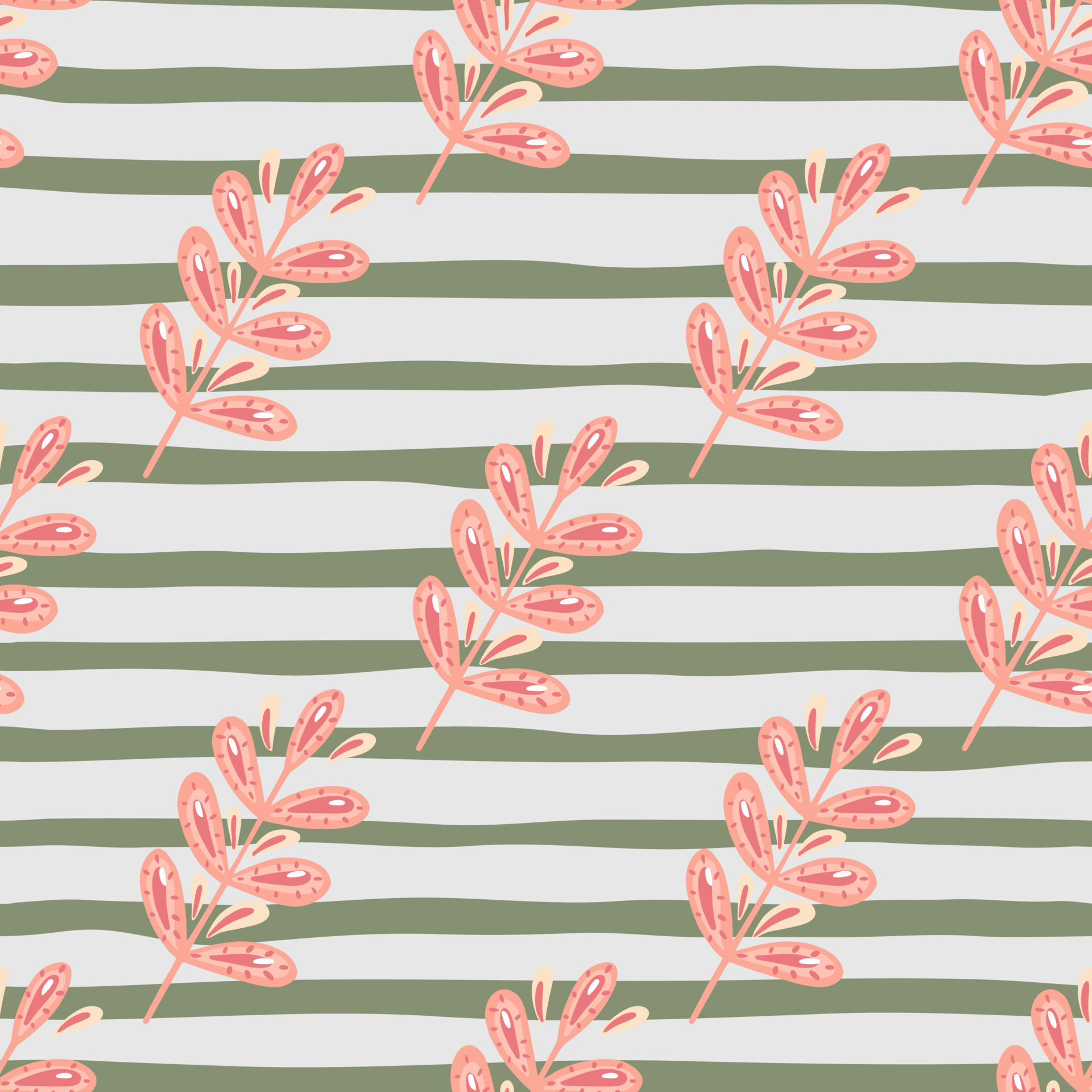 Pastel pink leaves branches elements seamless pattern. Grey striped ...