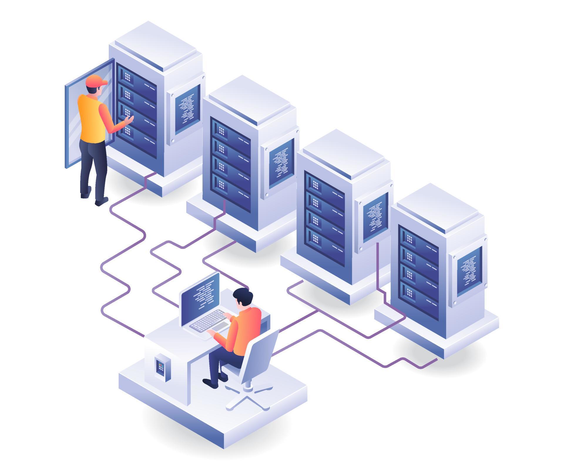 The team is maintaining a lot of server computers 5647895 Vector Art at ...