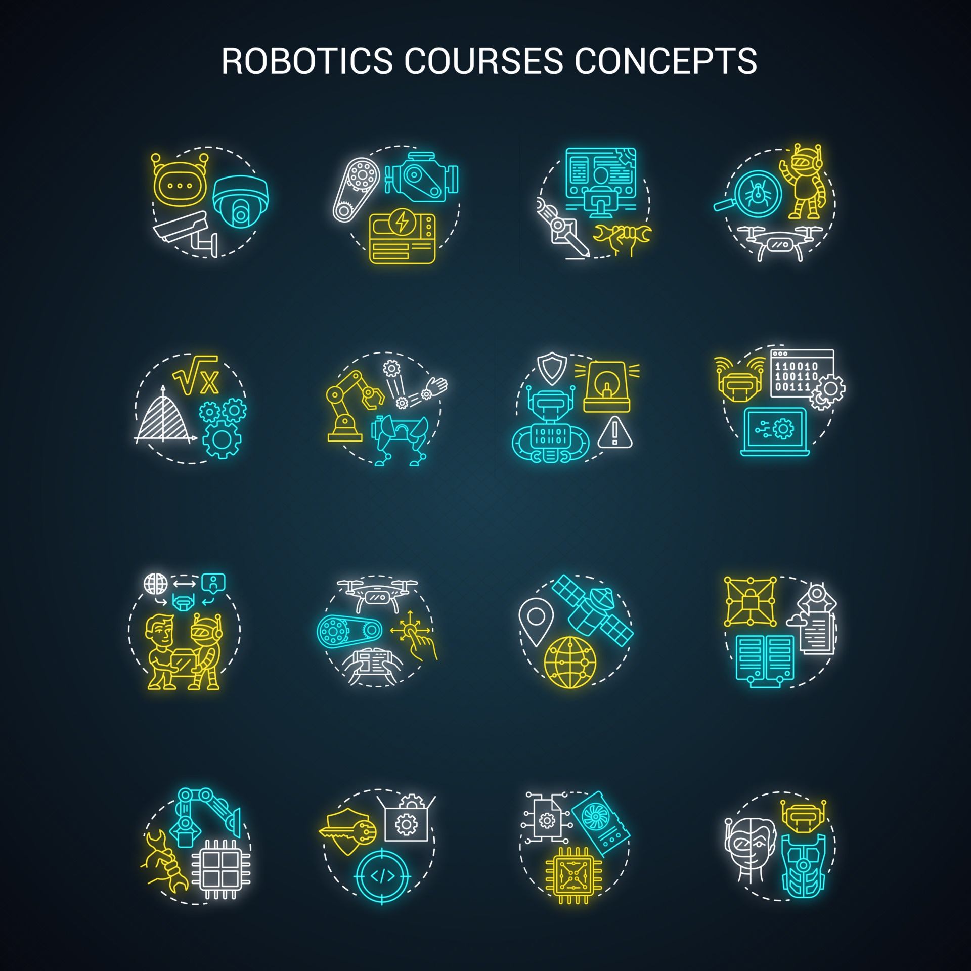 Robotics courses neon light concept icons set. Creating robots idea ...