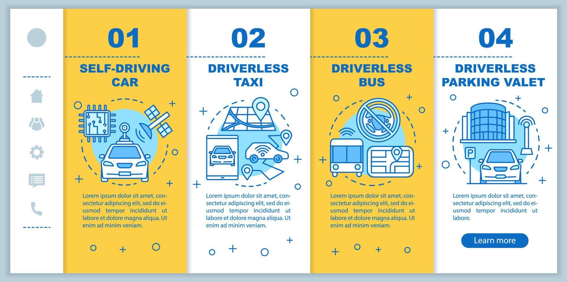 Driverless Car Industry Onboarding Mobile Web Pages Vector Template Responsive Smartphone