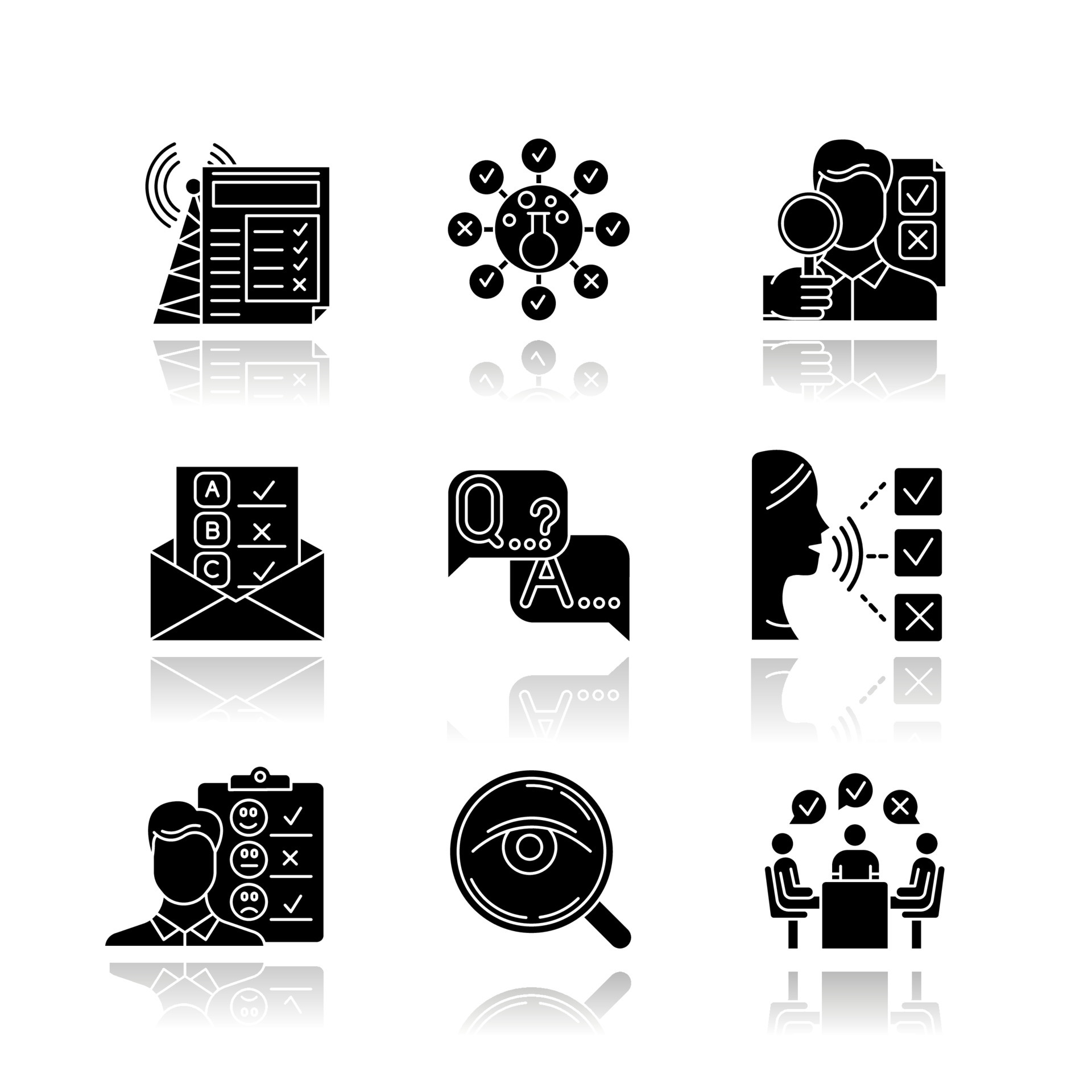 Survey methods drop shadow black glyph icons set. Chemical analysis ... Survey methods drop shadow black glyph icons set. Chemical analysis ...