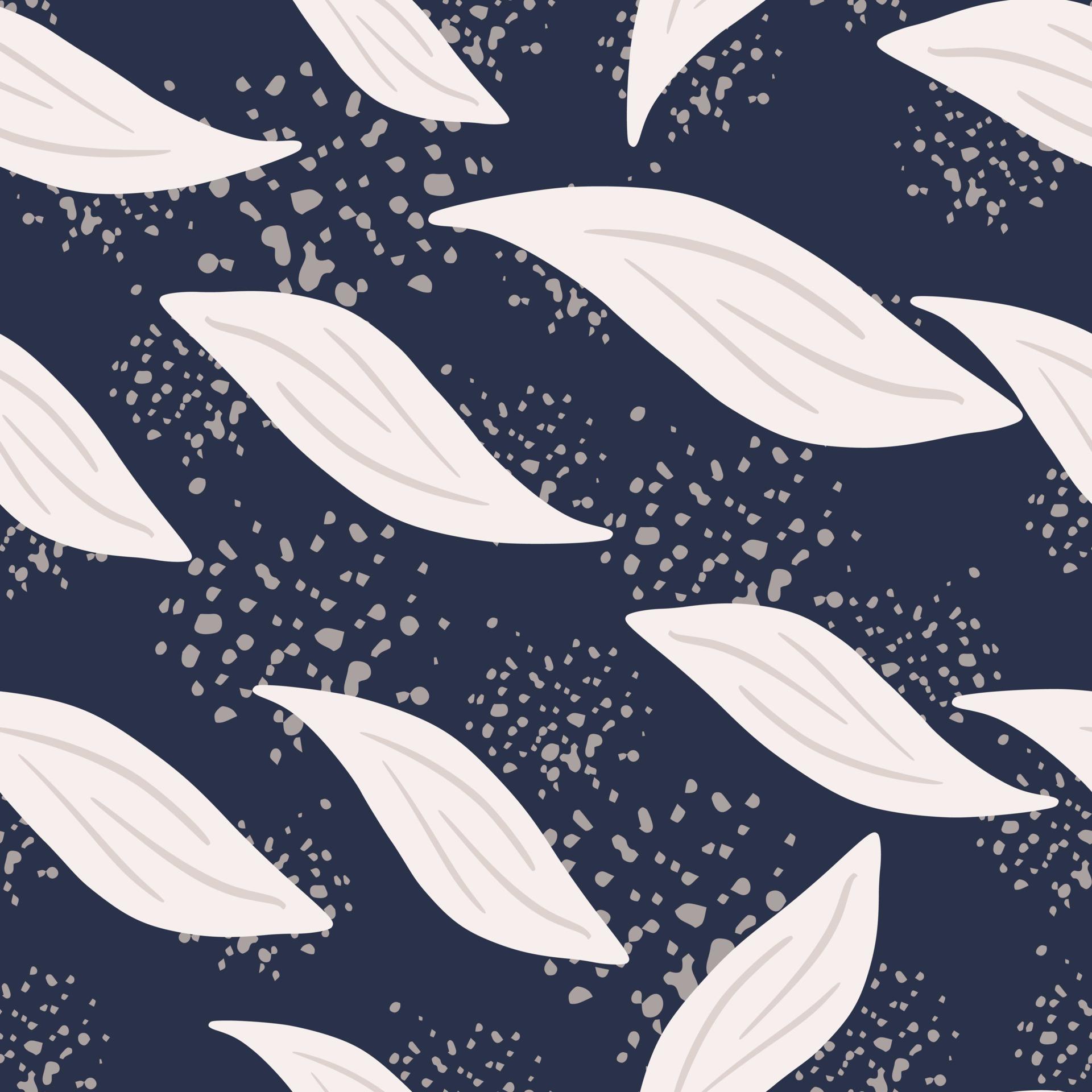 Abstract botanic seamless pattern with light leaf doodle print. Navy blue dark background with ...