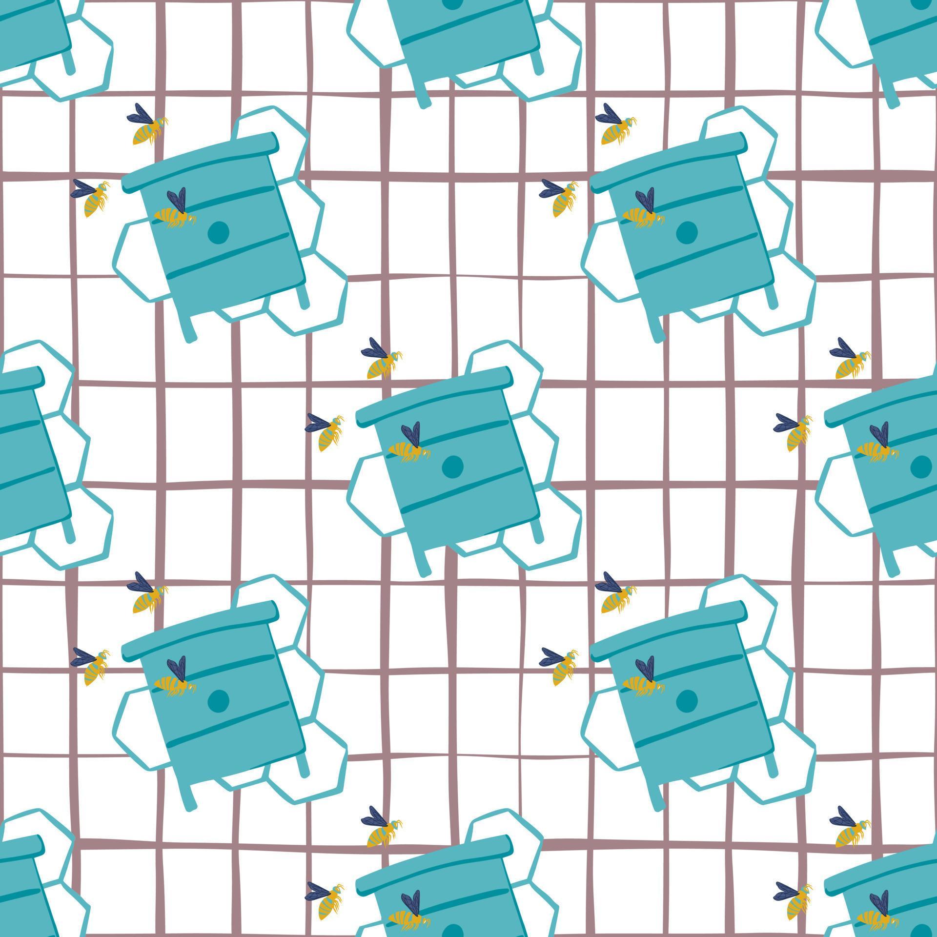 Hand drawn honey style seamless pattern. Blue beehives print with bees ...