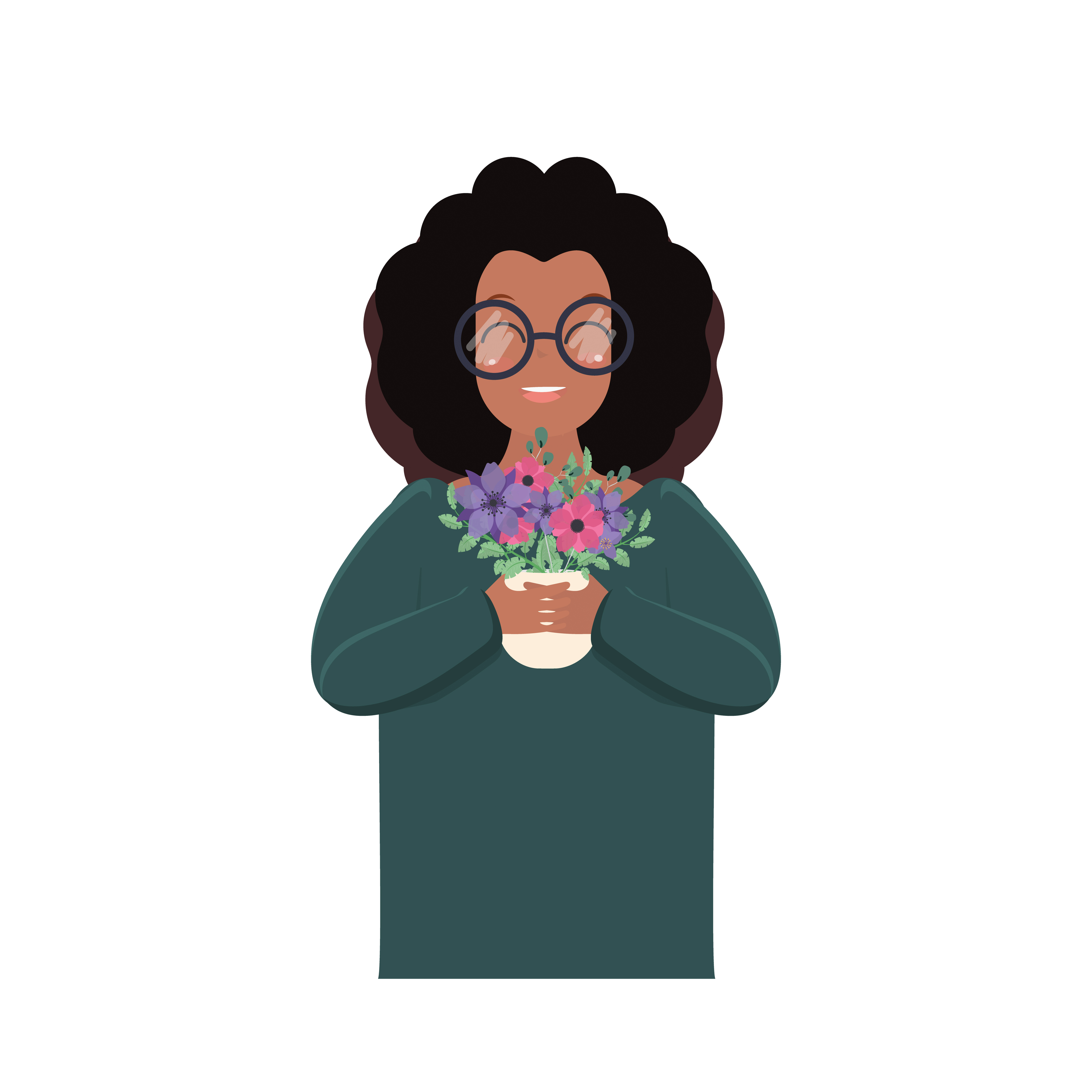 An African American Girl With Glasses Holds A Pot With A Flower In Her