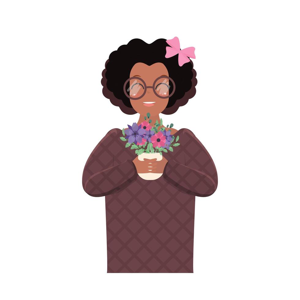 A Dark Skinned Girl Holds A Pot Of Flowers In Her Hands African