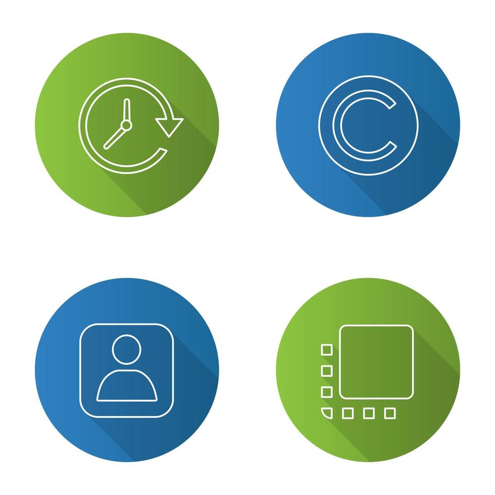 UI UX flat linear long shadow icons set. Update, copyright, user account, flip to front button ...