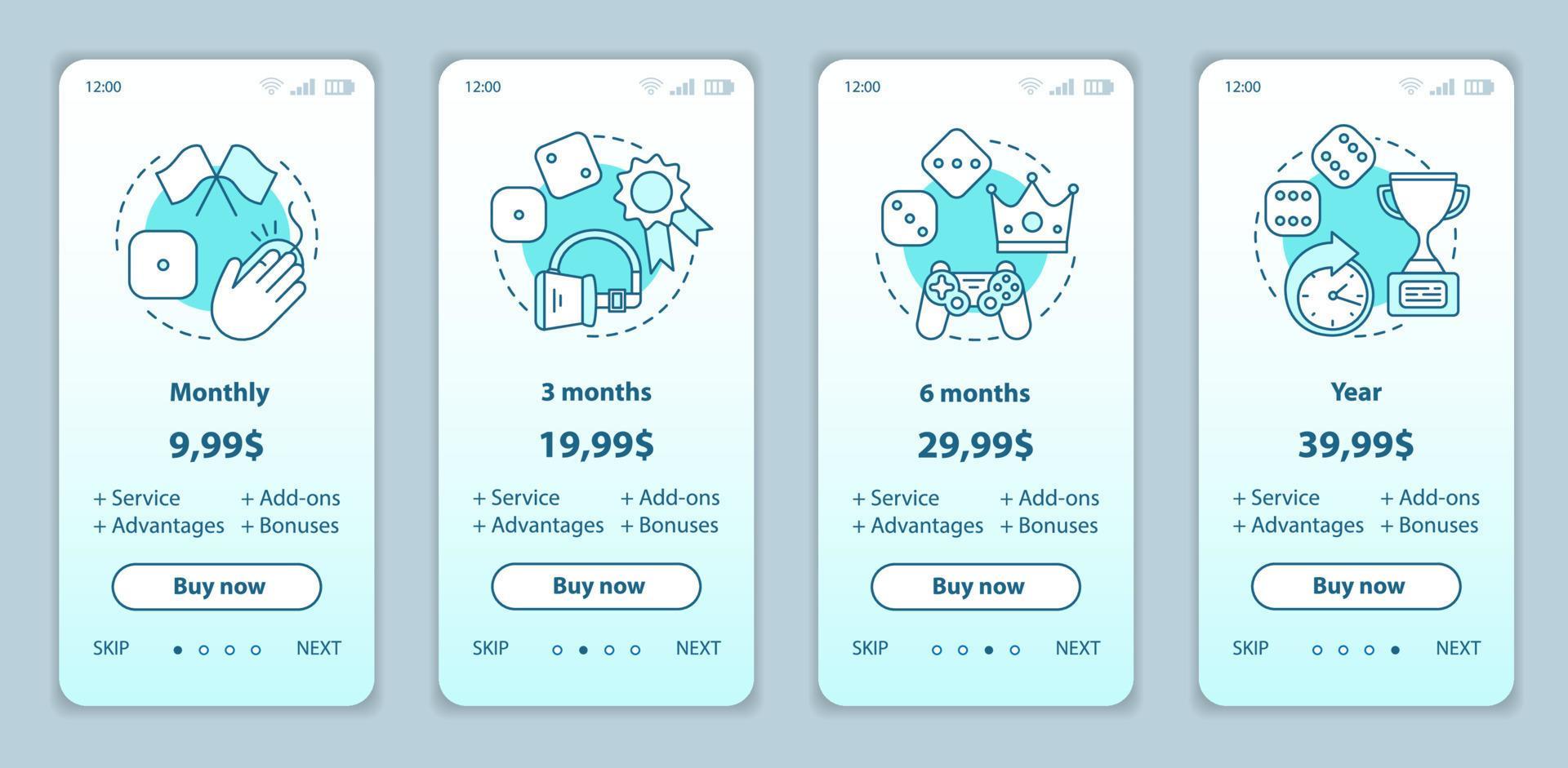 Gaming Subscription Onboarding Mobile App Screens With Service Prices Walkthrough Website