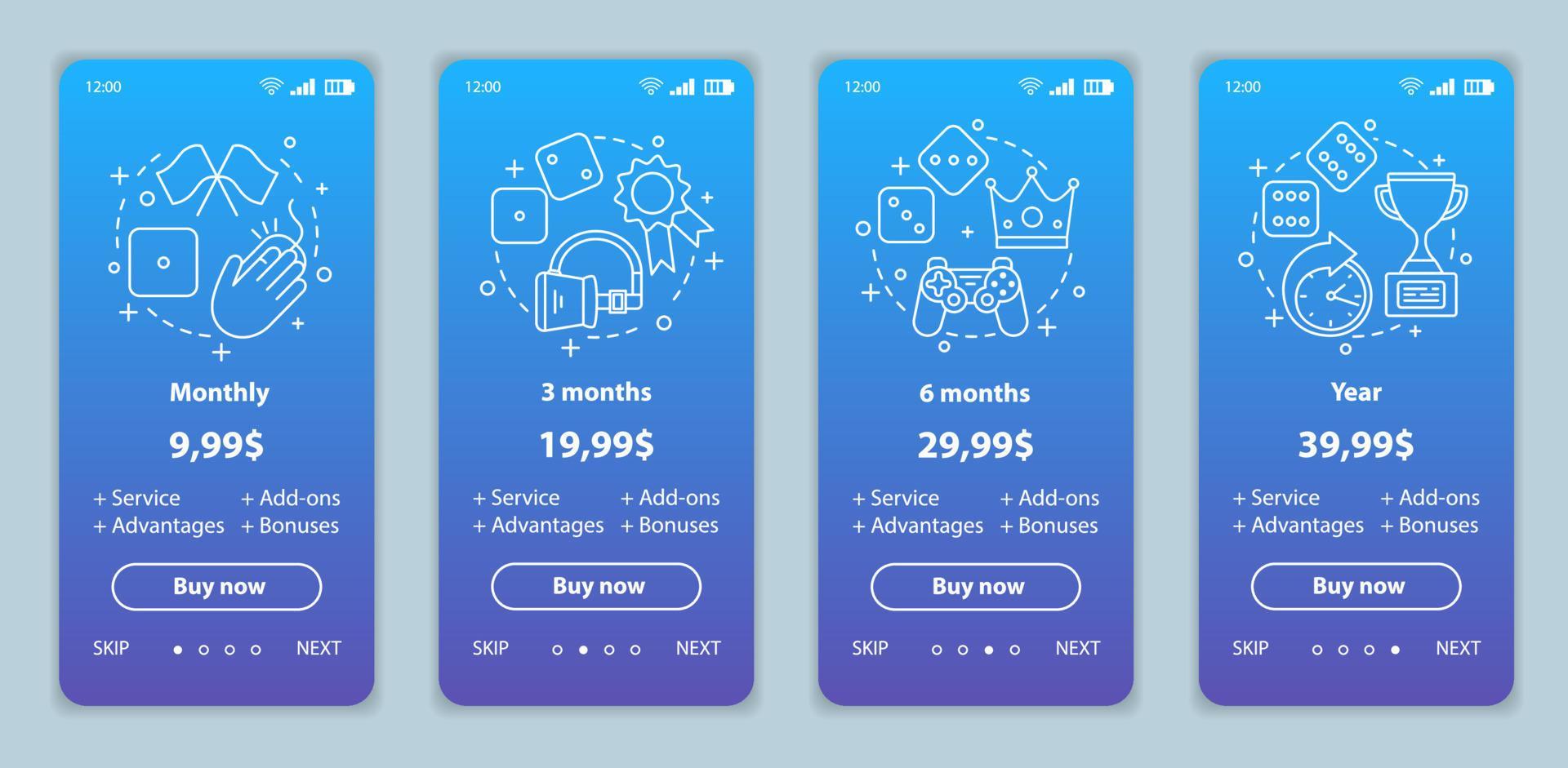 Gaming Subscription Onboarding Mobile App Screens With Service Prices Walkthrough Website Pages