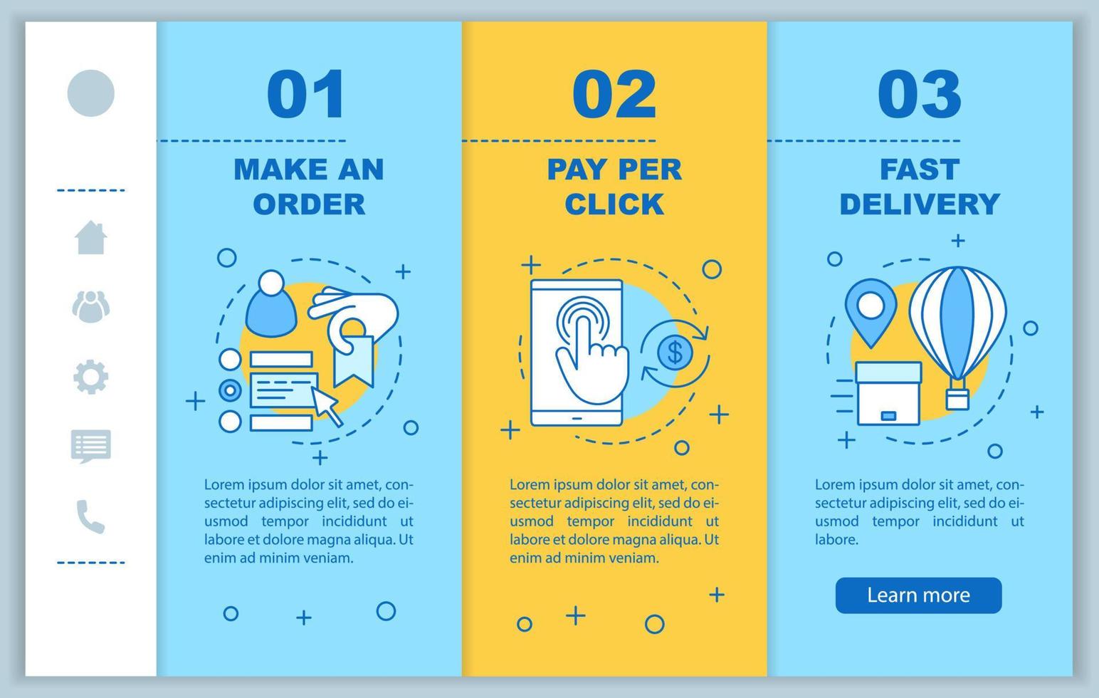 Online shopping onboarding mobile web pages vector template. Digital purchase. Place an order ...