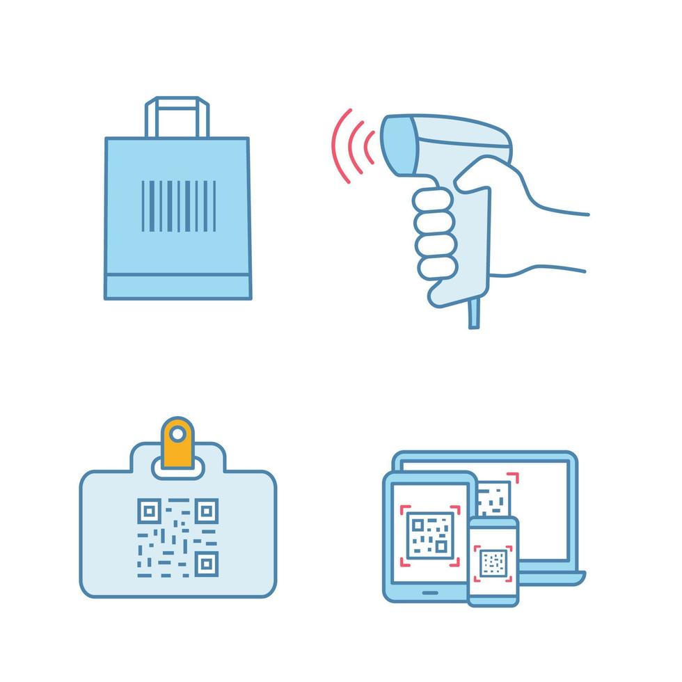 Barcodes color icons set. QR code identification card, handheld barcode ... Barcodes color icons set. QR code identification card, handheld barcode ...