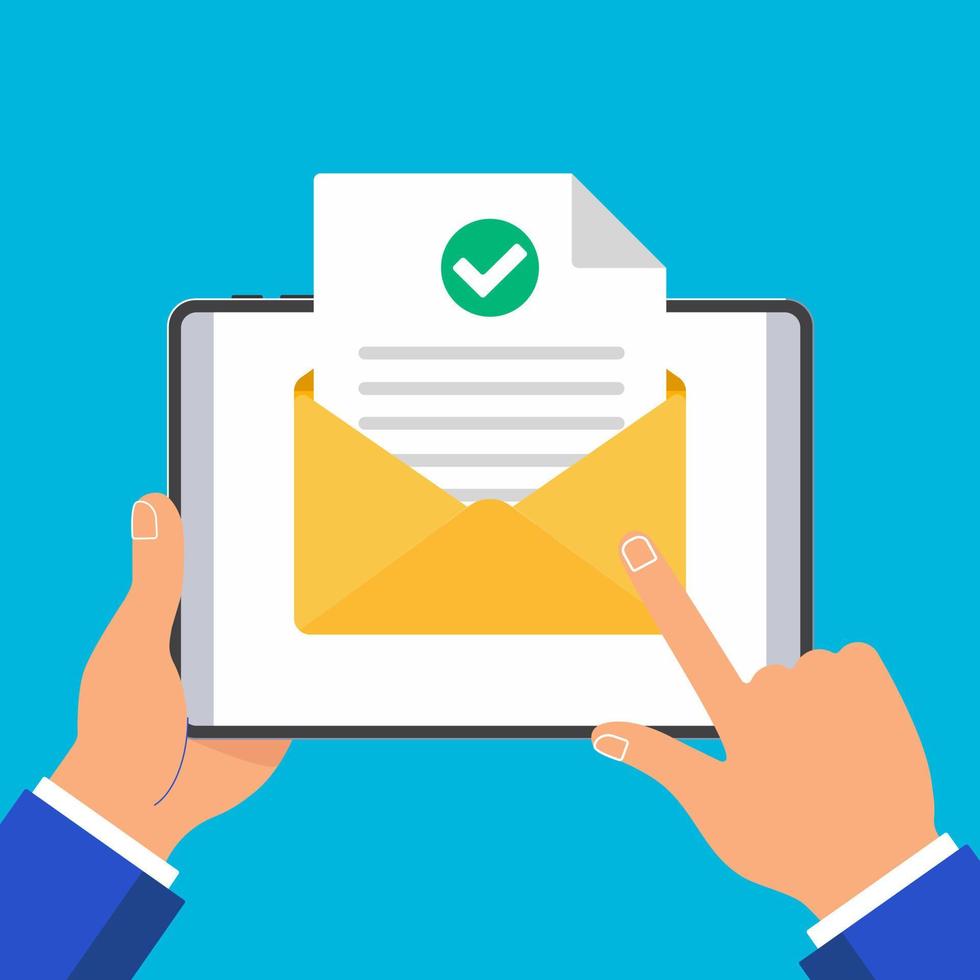 Hands hold tablet pad devise with open envelope document paper sheet ...