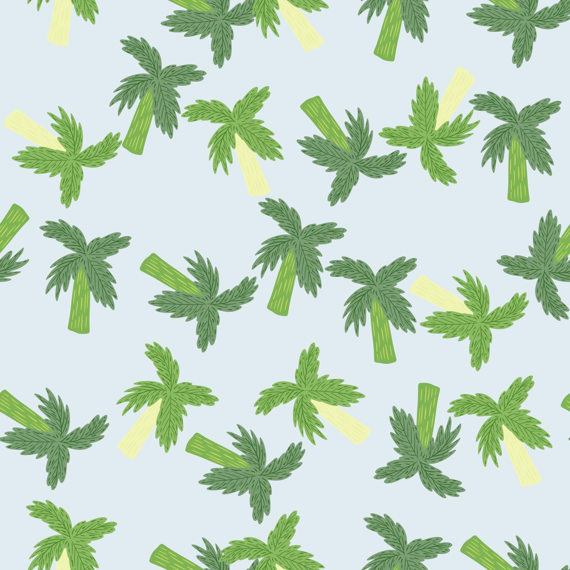Simple random botanic seamless pattern with green hand drawn palm tree shapes. Blue light ...