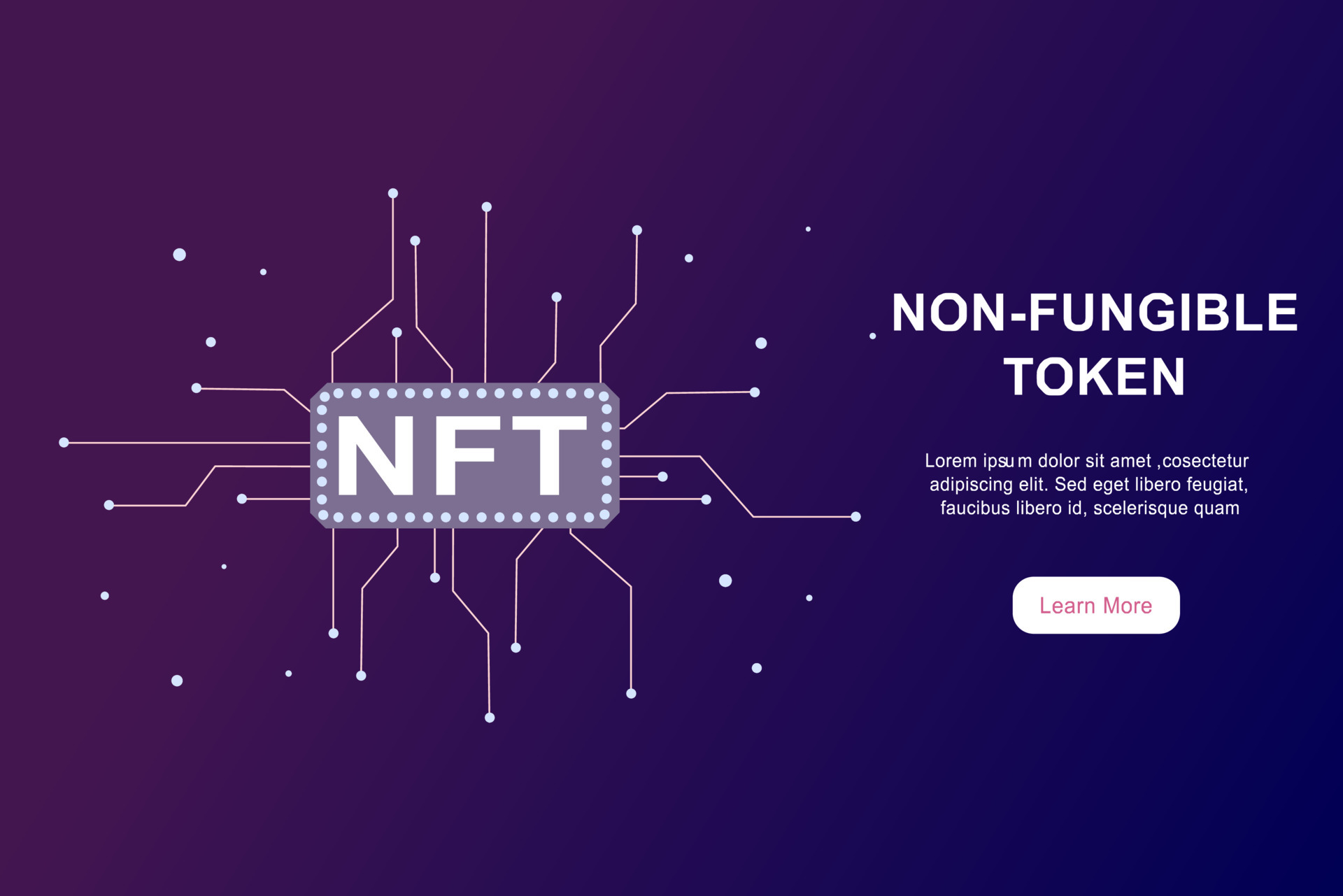 Infografía de token no fungible nft con red de líneas y puntos sobre fondo oscuro. paga por ...