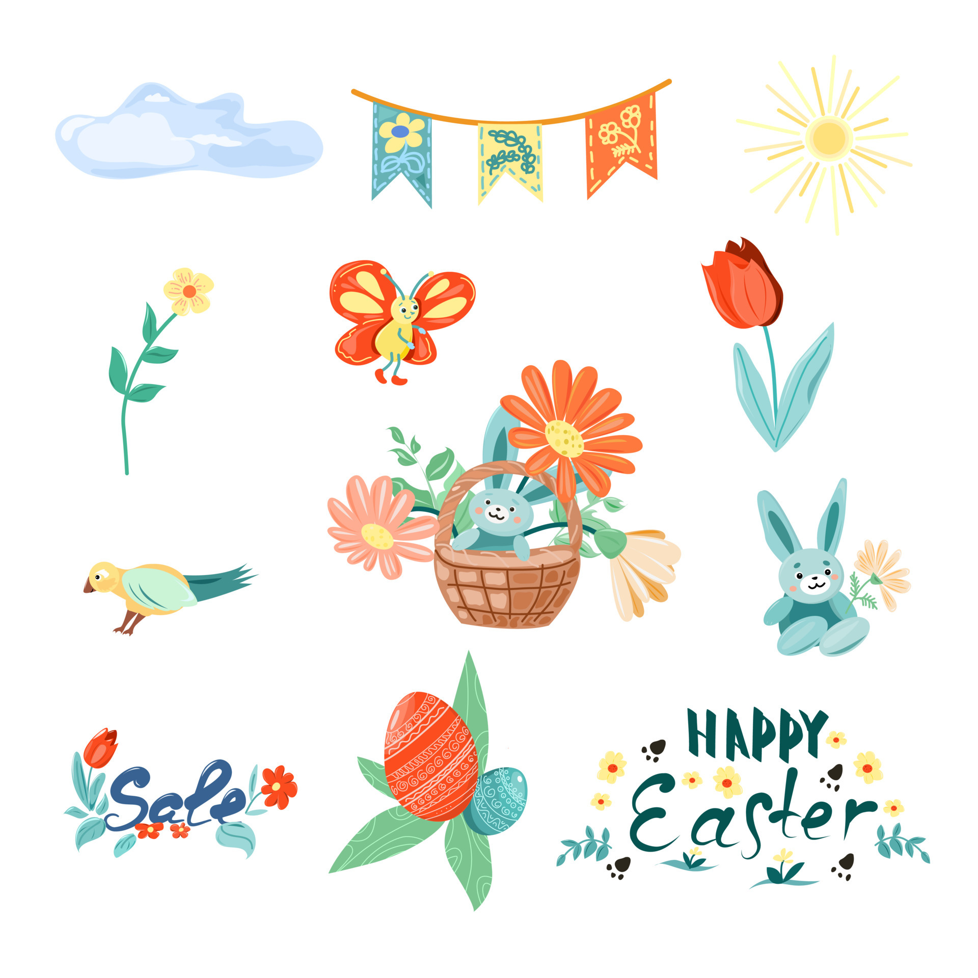 Easter set of design elements with rabbits and eggs and flowers ...