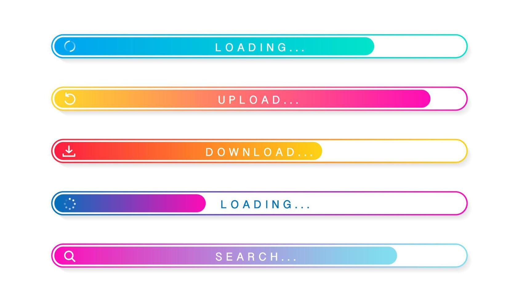 Loading Bar Set With Icons Color Gradient Lines On White Backdrop Progress Visualization