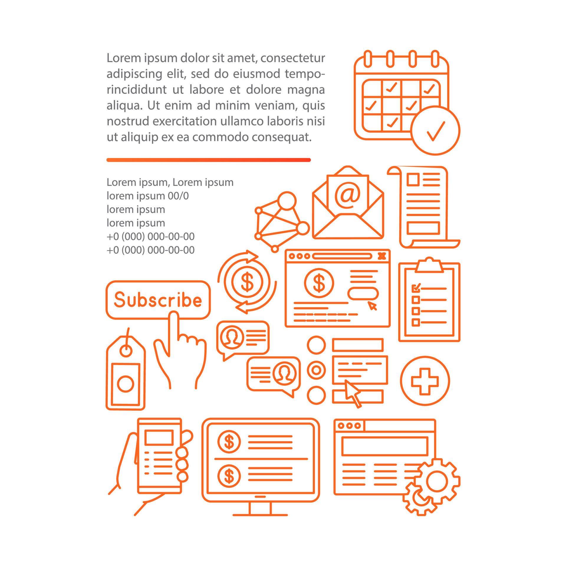 Subscription article page vector template. Newsletter messages. Web registration. Brochure ...