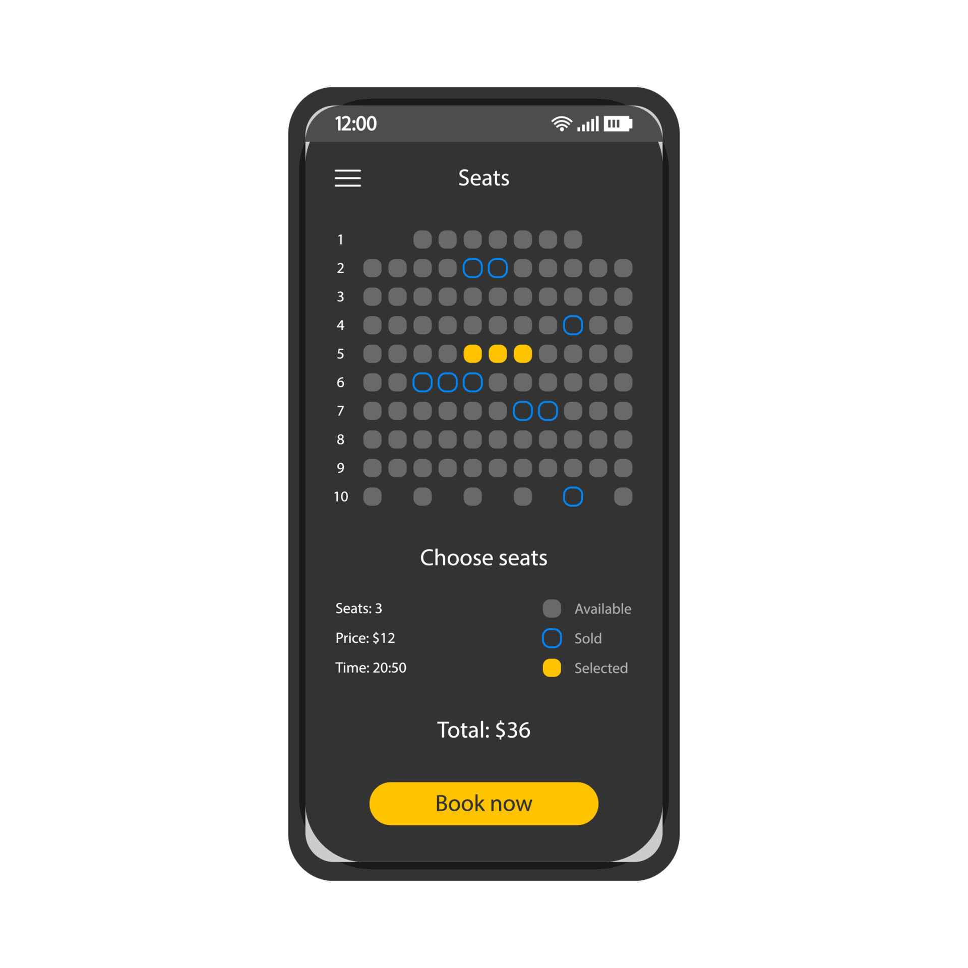 Movie Seats Booking Smartphone Interface Vector Template Mobile App Page Black Design Layout