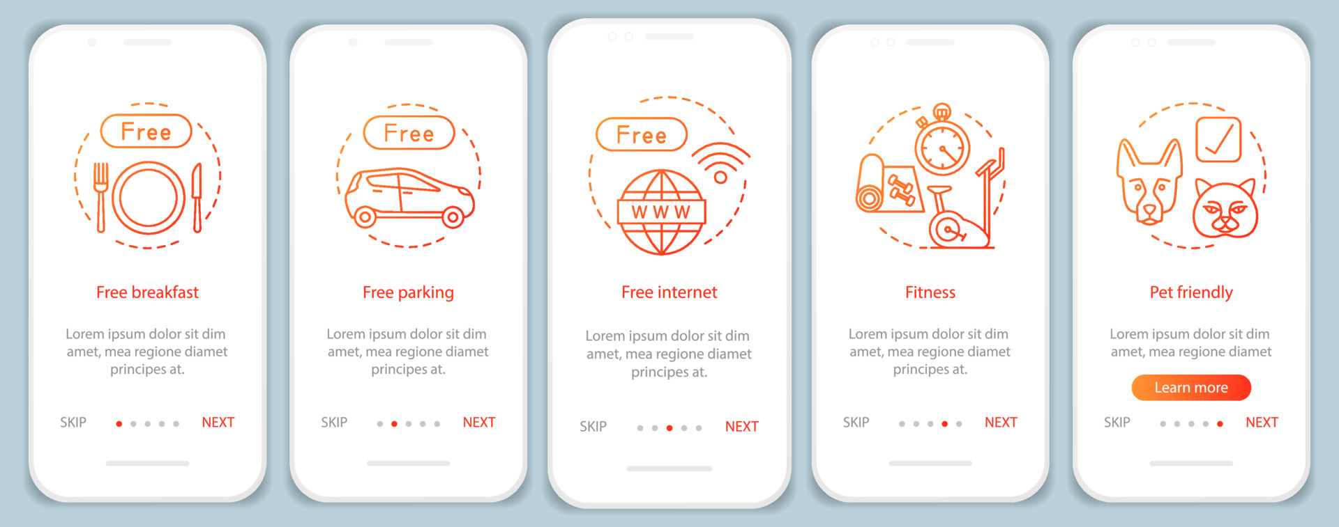 Hotel Facilities And Services Onboarding Mobile App Page Screen Vector