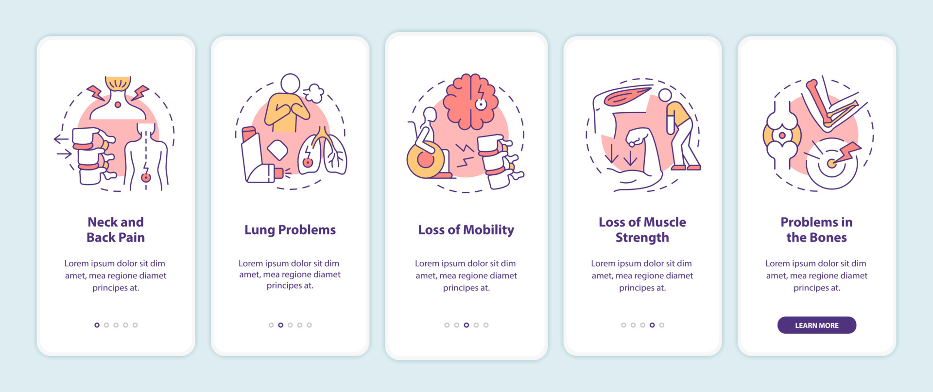 Physical Problems To Treat Onboarding Mobile App Page Screen Healthcare Walkthrough 5 Steps