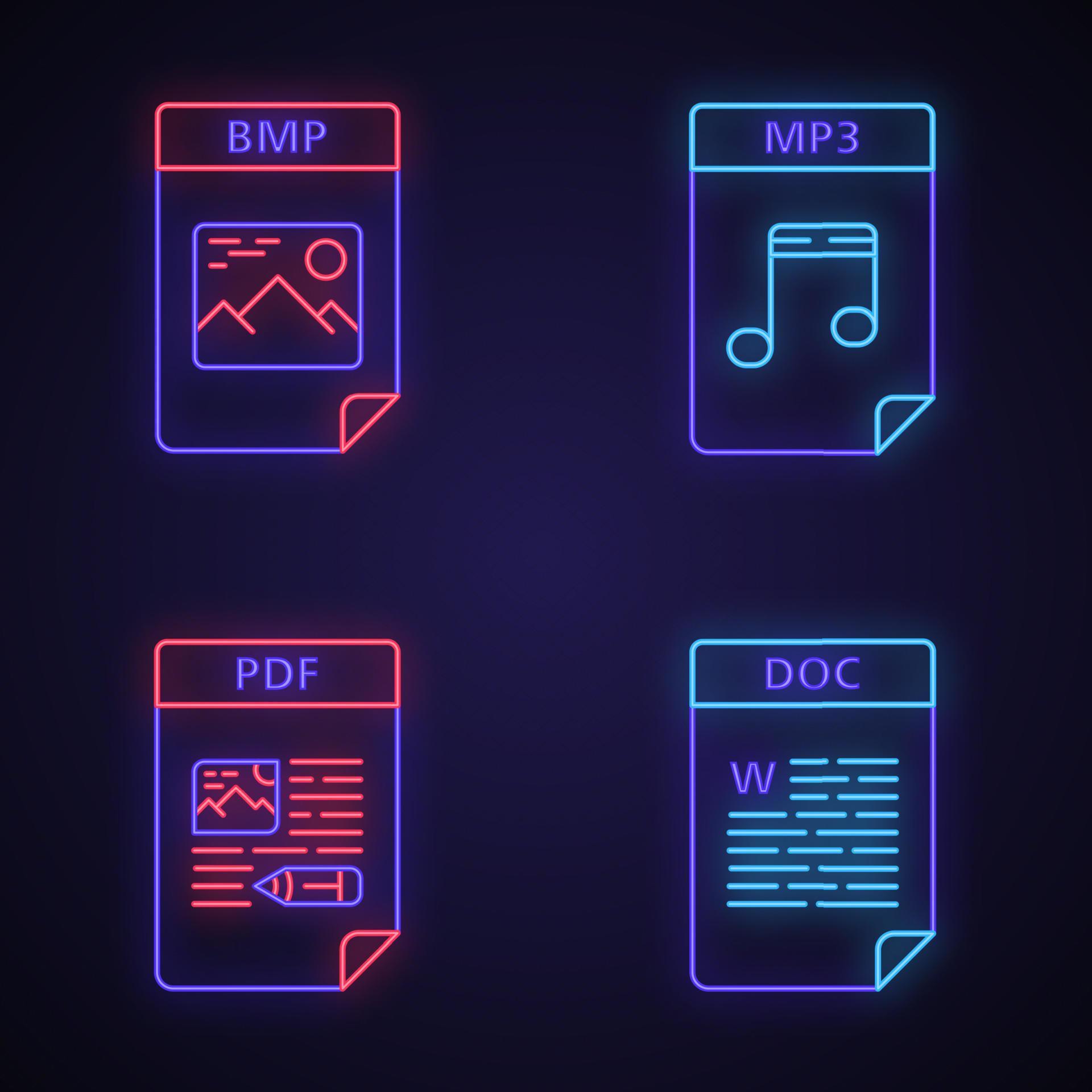 Files format neon light icons set. Image, audio files, text documents ...