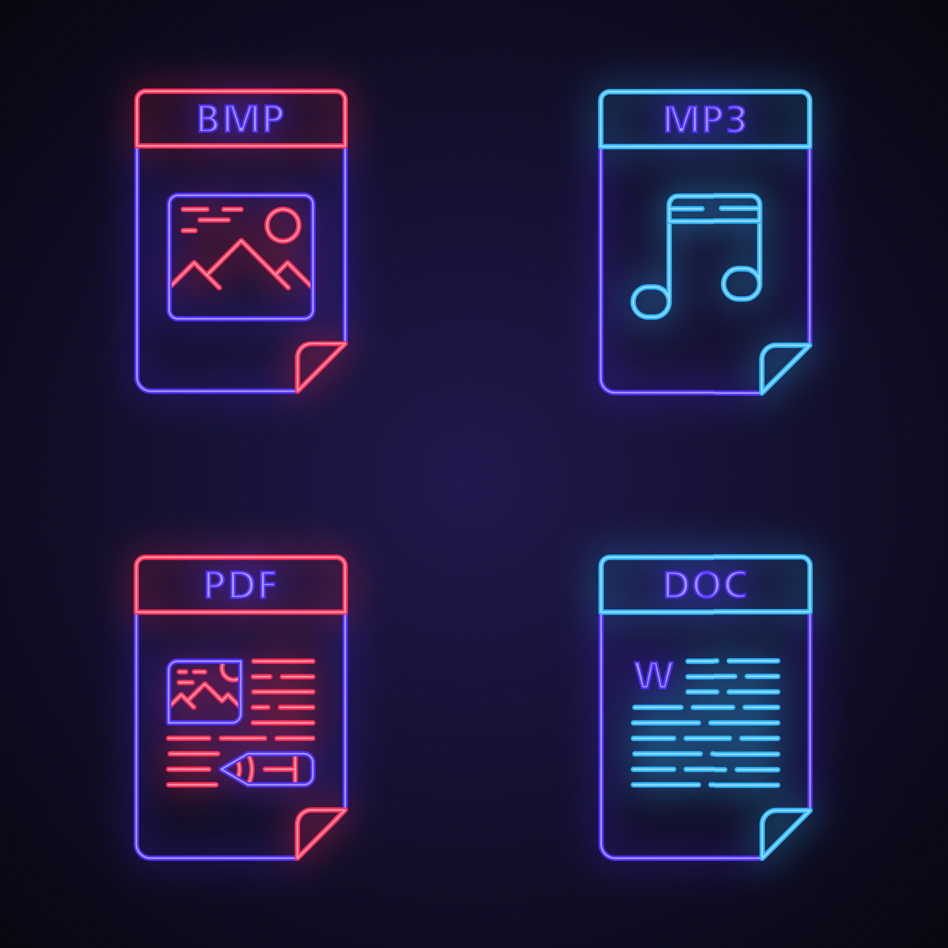 Files format neon light icons set. Image, audio files, text documents. BMP, MP3, PDF, DOC ...
