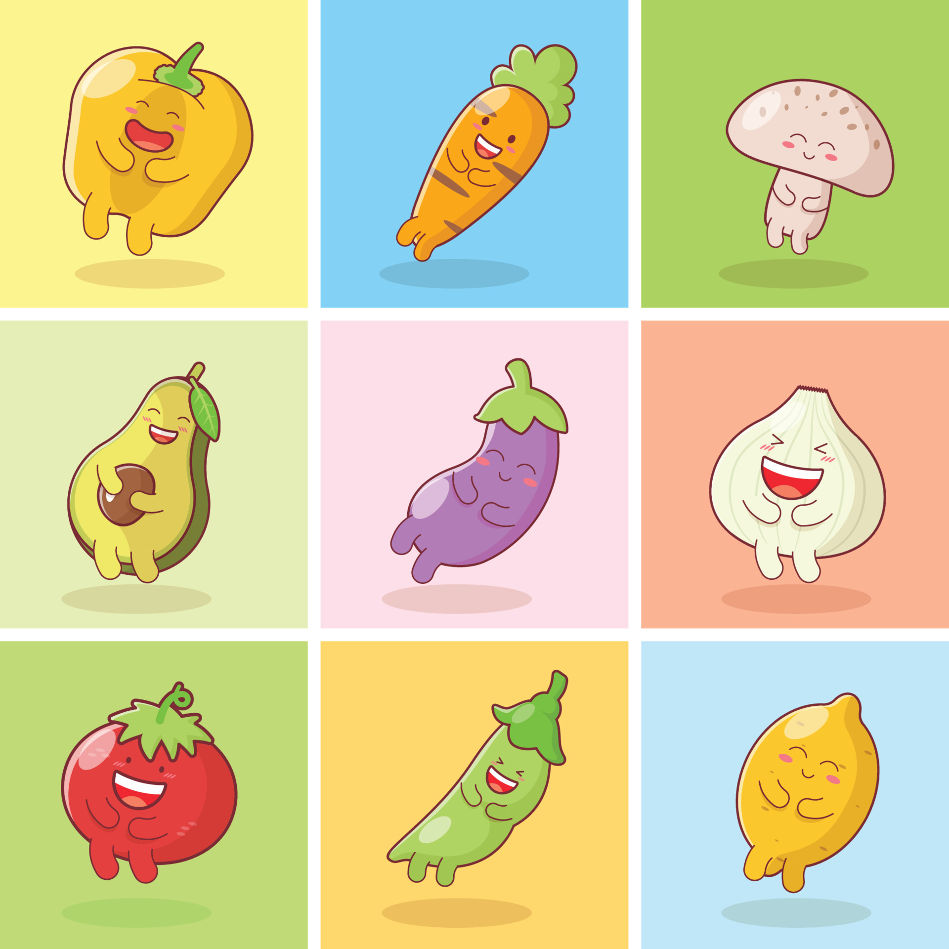 Cute vegetables cartoon characters set isolated on color pastel ...