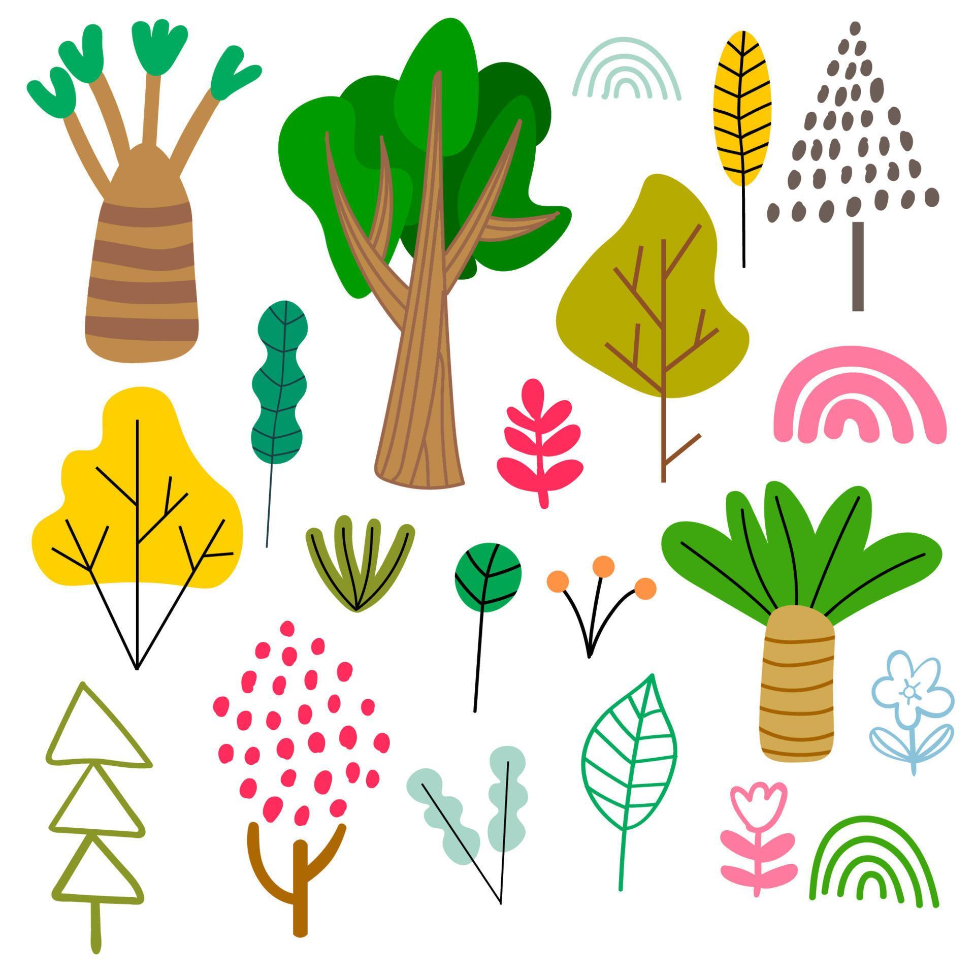 Cartoon doodle forest elements. Trees, bushes, leaves, flowers in ...
