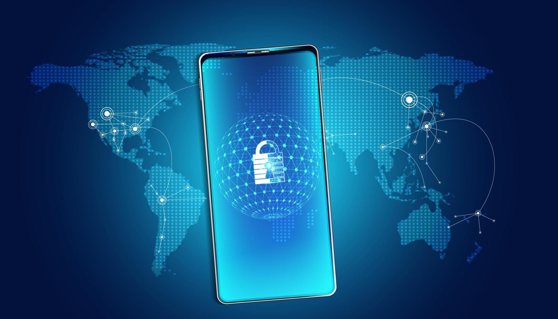 Abstract Padlock Cyber Security With Smartphone And Map World Concept Protection Of Information