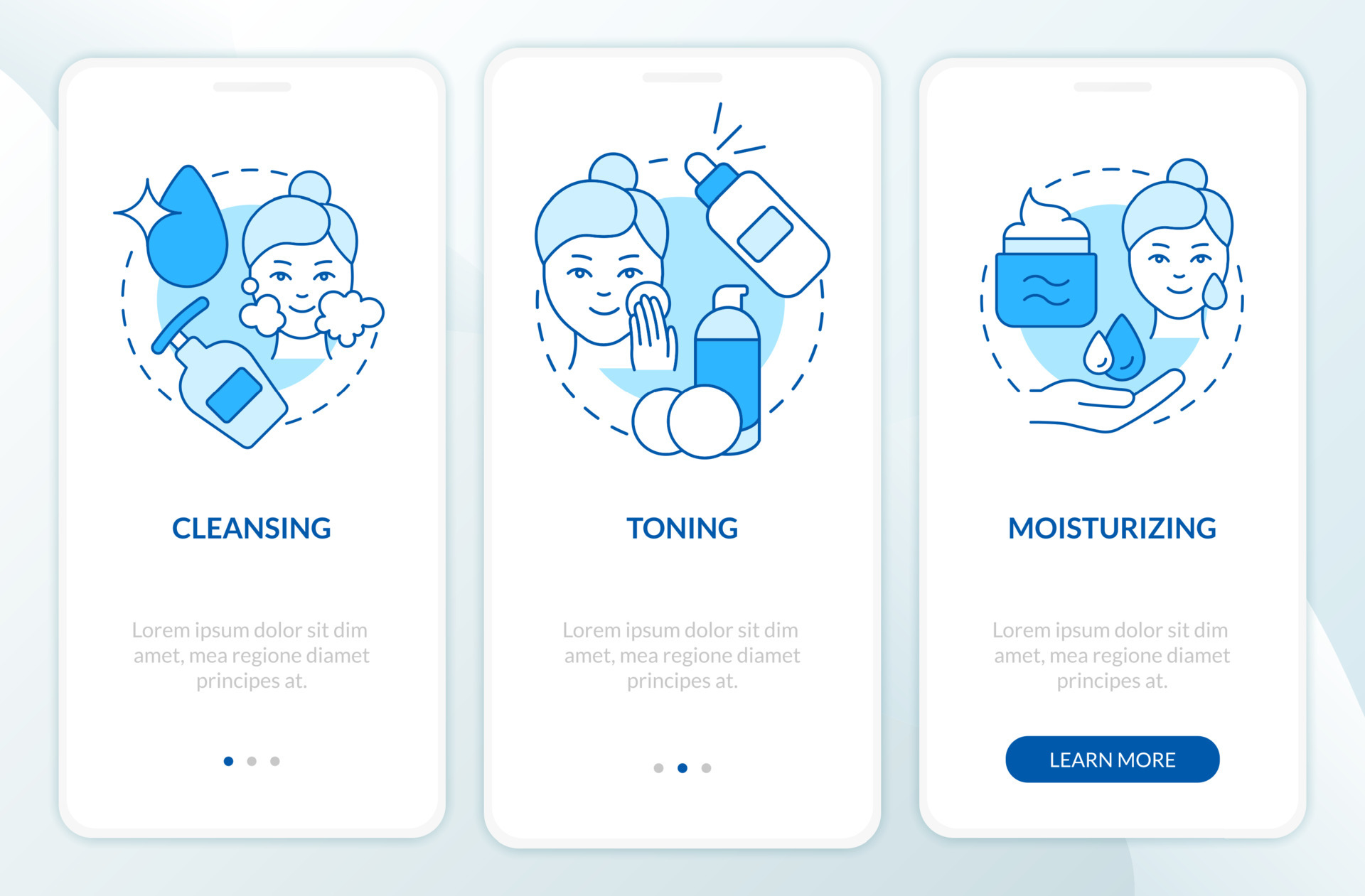 Skincare Routine Steps Blue Onboarding Mobile App Screen Beauty Tips Walkthrough 3 Steps