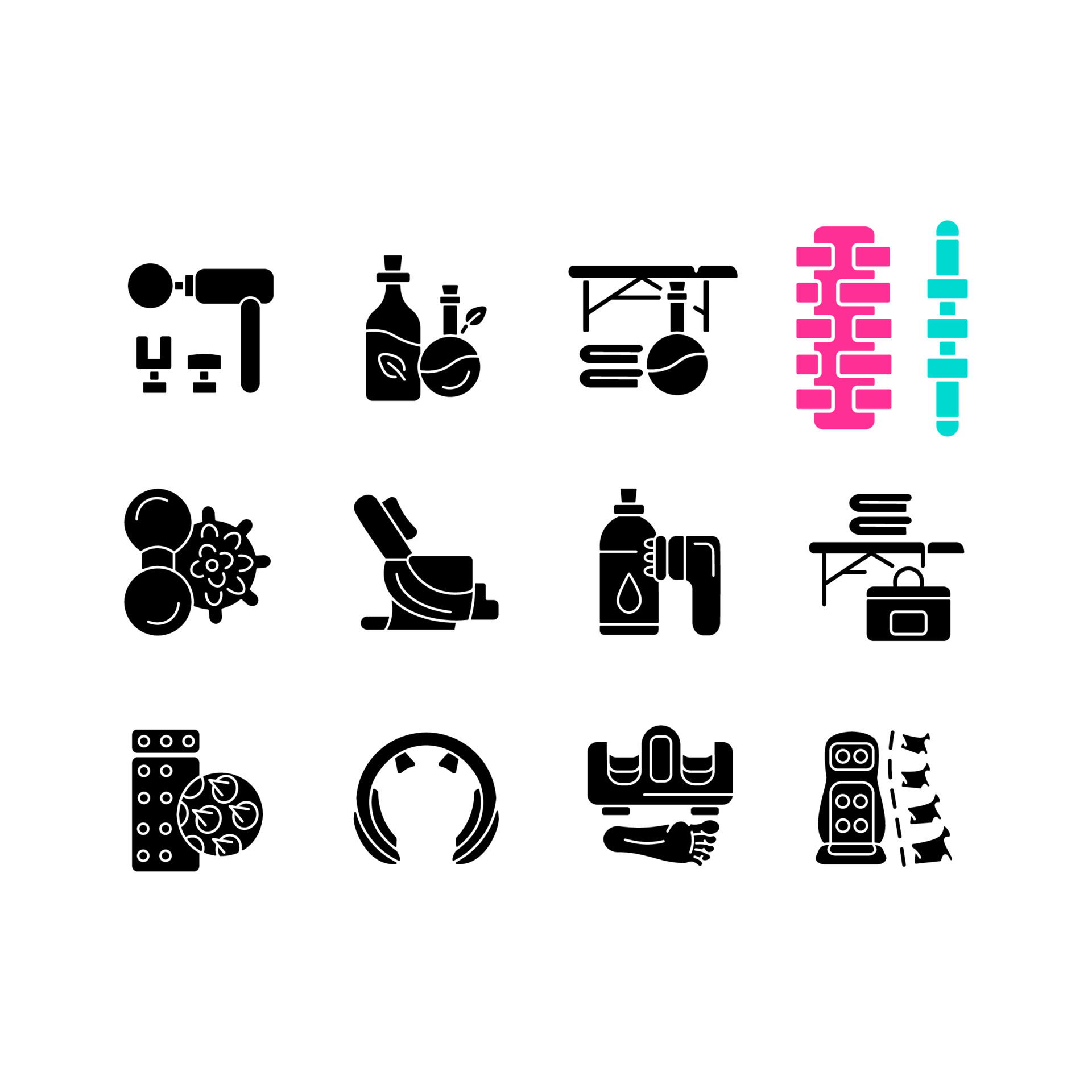 Massage Tools And Equipment Black Glyph Icons Set On White Space Devices For Stimulating Neck
