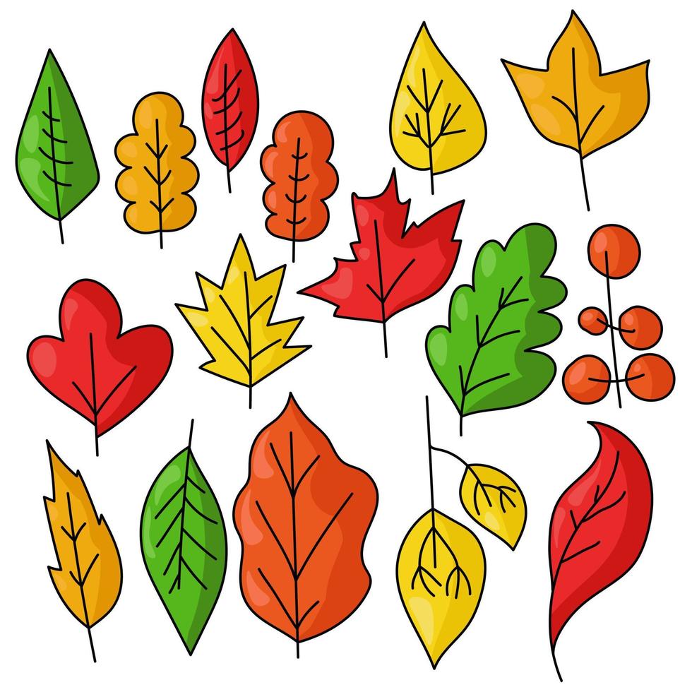 Set of bright autumn doodle leaves, falling leaves cozy elements with ...