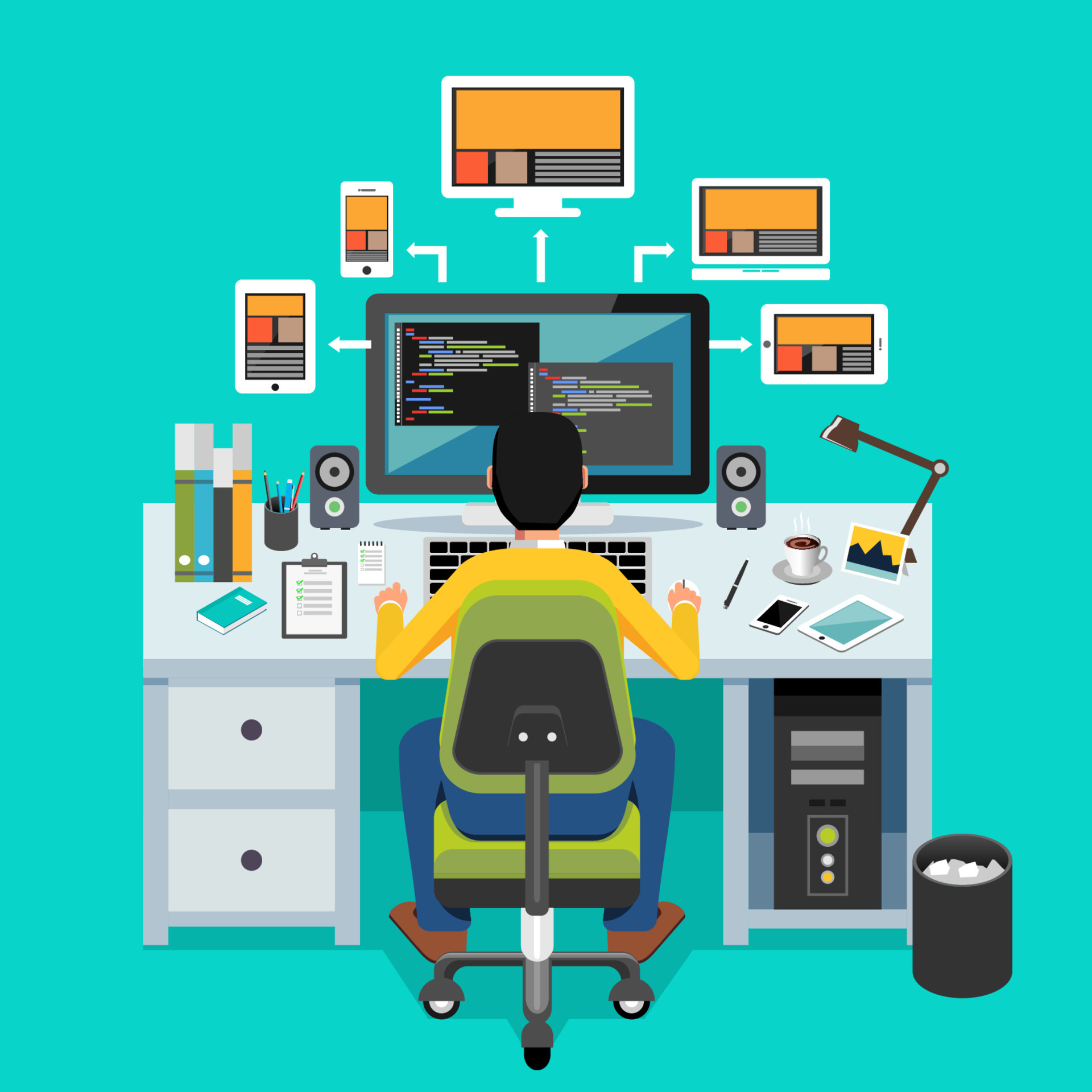 Website designer. Programmer working on desktop. 5862181 Vector Art at ...