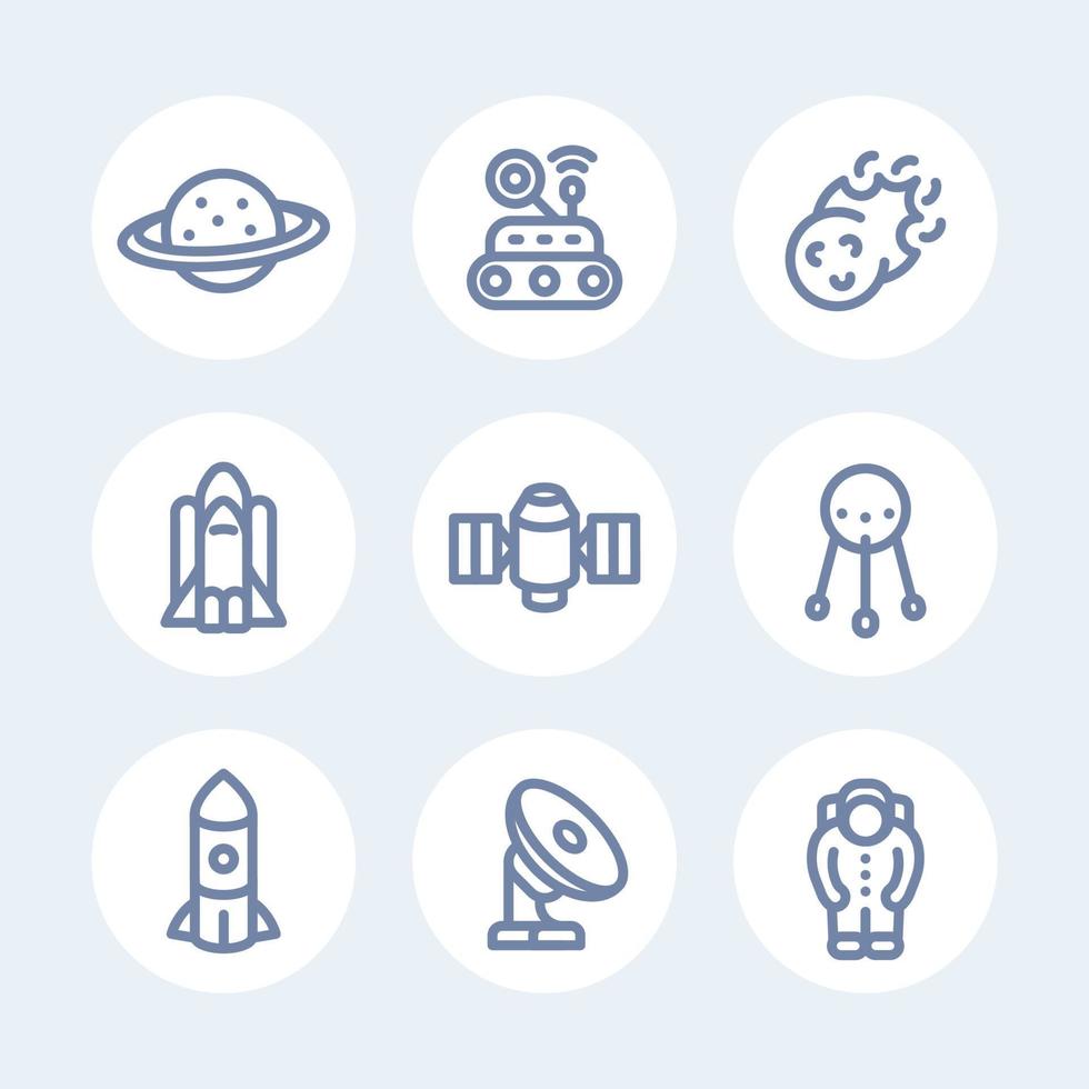 Space line icons set over white, comet, astronaut, satellite, space probe, shuttle, rocket ...