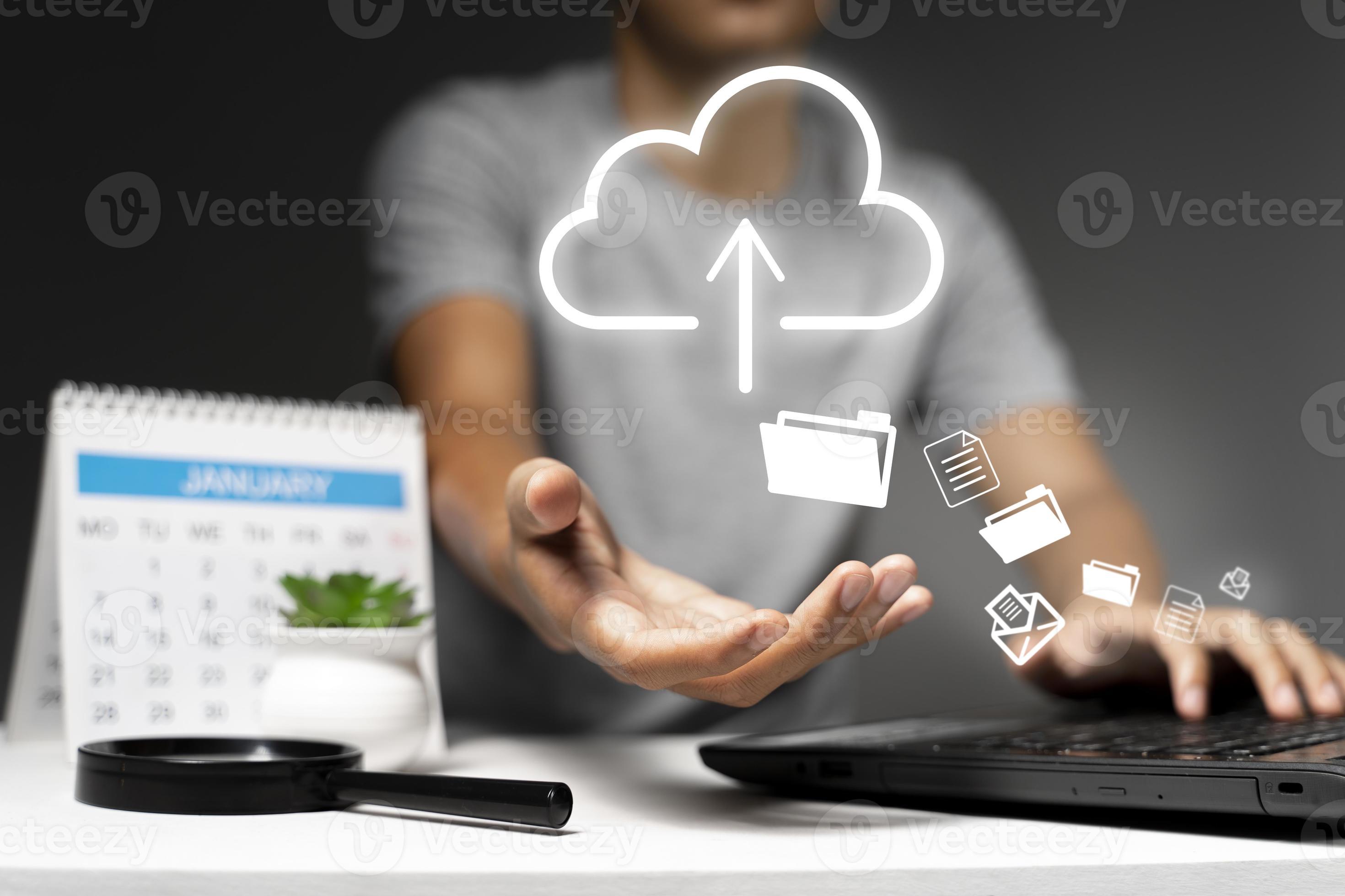 Cloud computing concept. Man upload data on smart phone to sharing ...