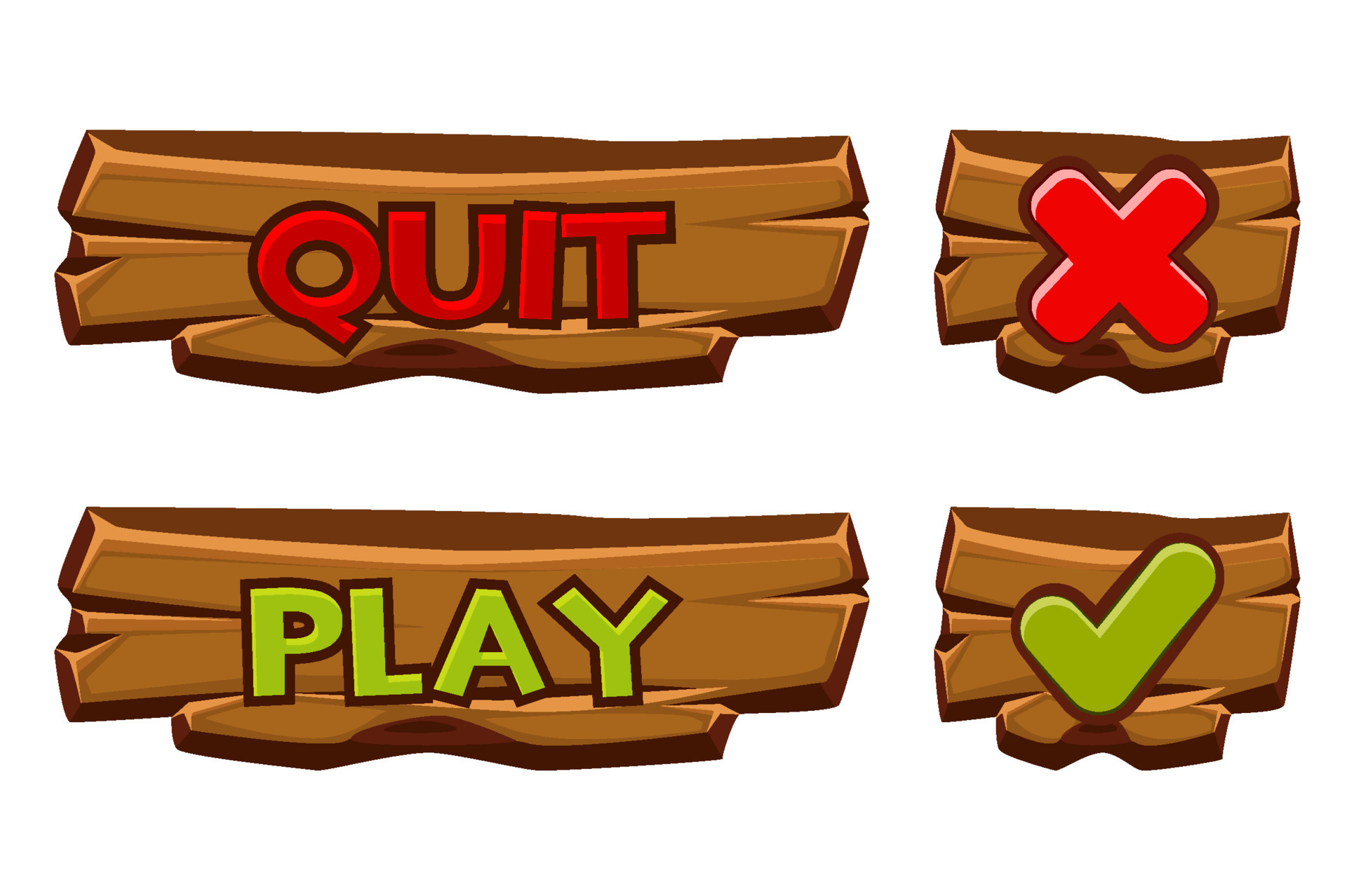 Set of vector wooden buttons play and quit. Isolated icons check mark ...