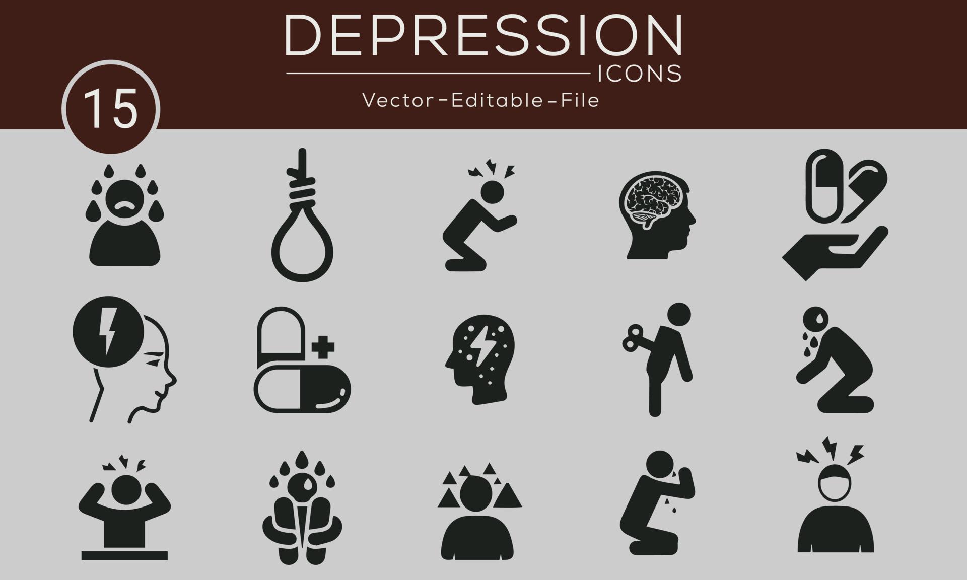 Depression concept icons set. Contains such icons problem solving, depression, analyze, solution ...