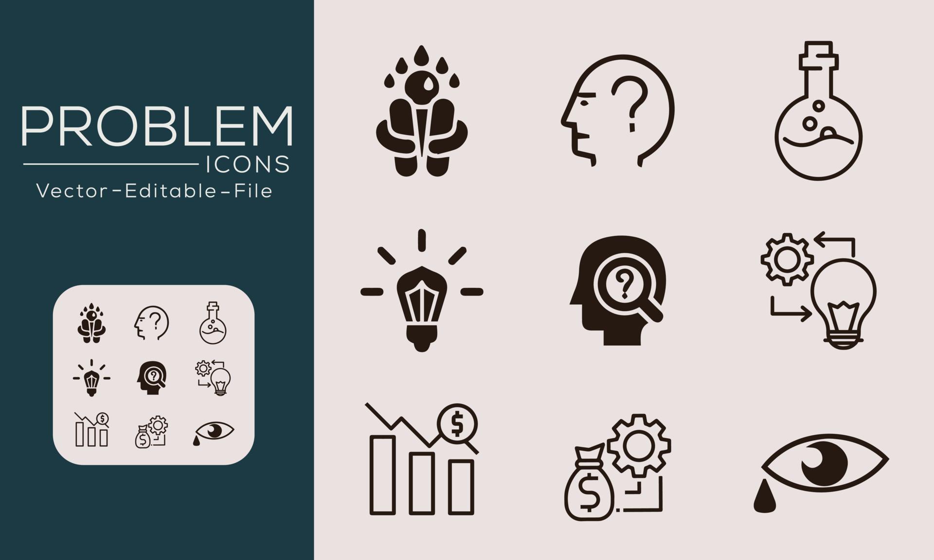 Problem concept icons set. Contains such icons problem solving, depression, analyze, solution ...