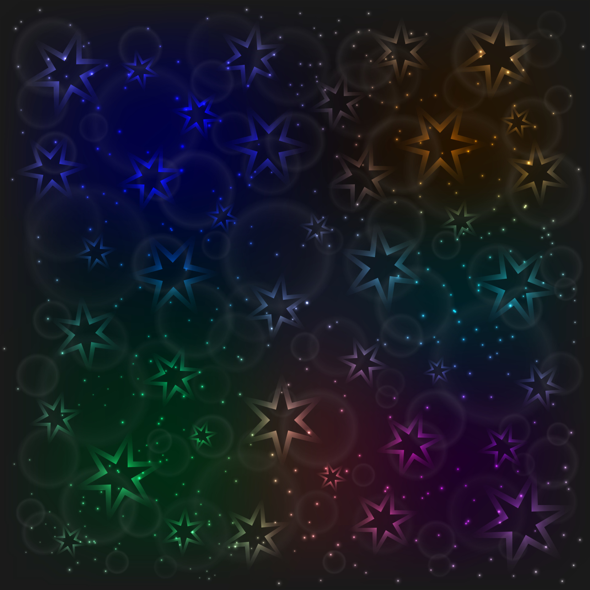 The magic rainbow pattern with glowing neon stars, bubblies and ...