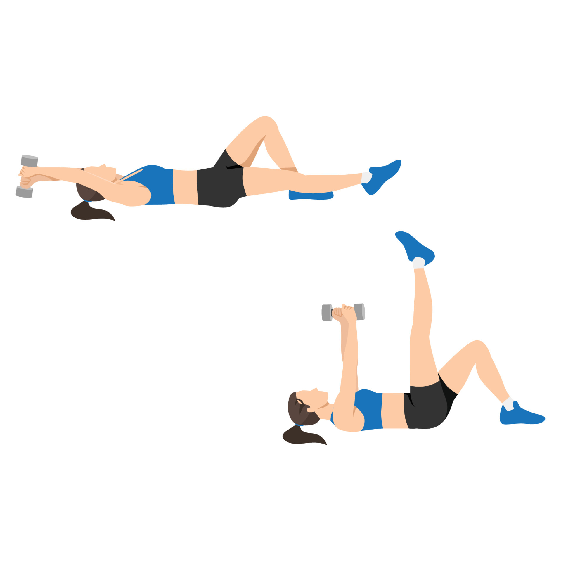 Woman doing Dumbbell pullover leg raise exercise. Flat vector ... Woman doing Dumbbell pullover leg raise exercise. Flat vector ...