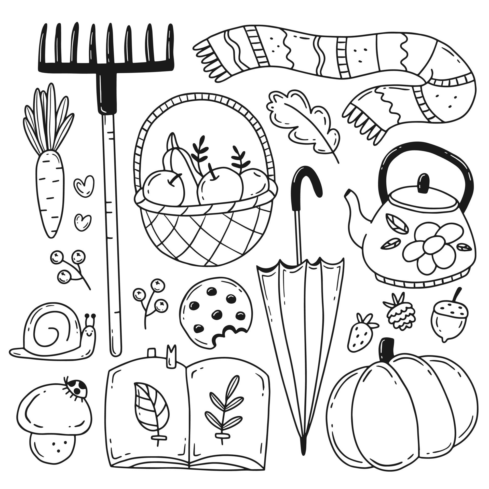 Set of autumn elements in simple doodle style. Black and white vector ...